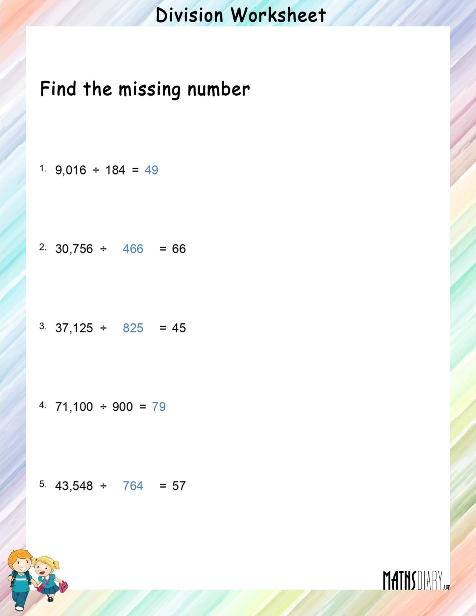 Find the missing number – Division Worksheets - Math Worksheets ...