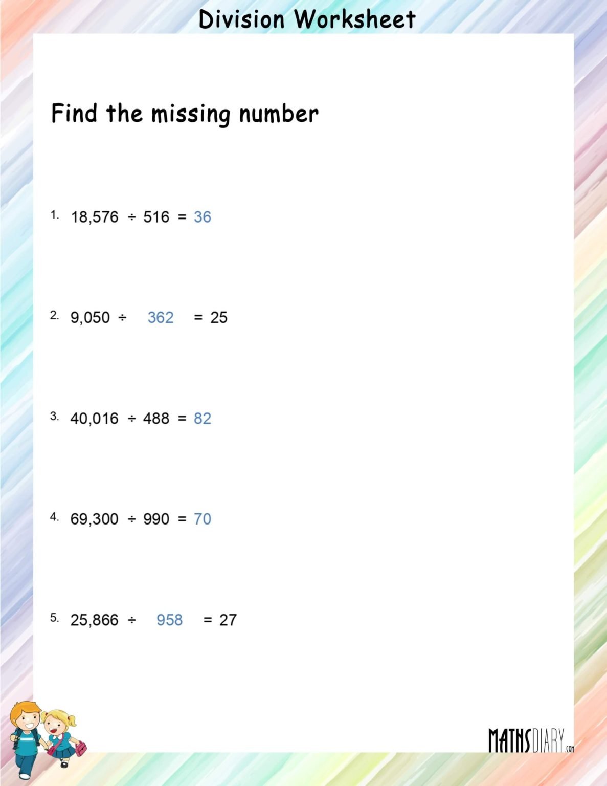 Find the missing number – Division Worksheets - Math Worksheets ...