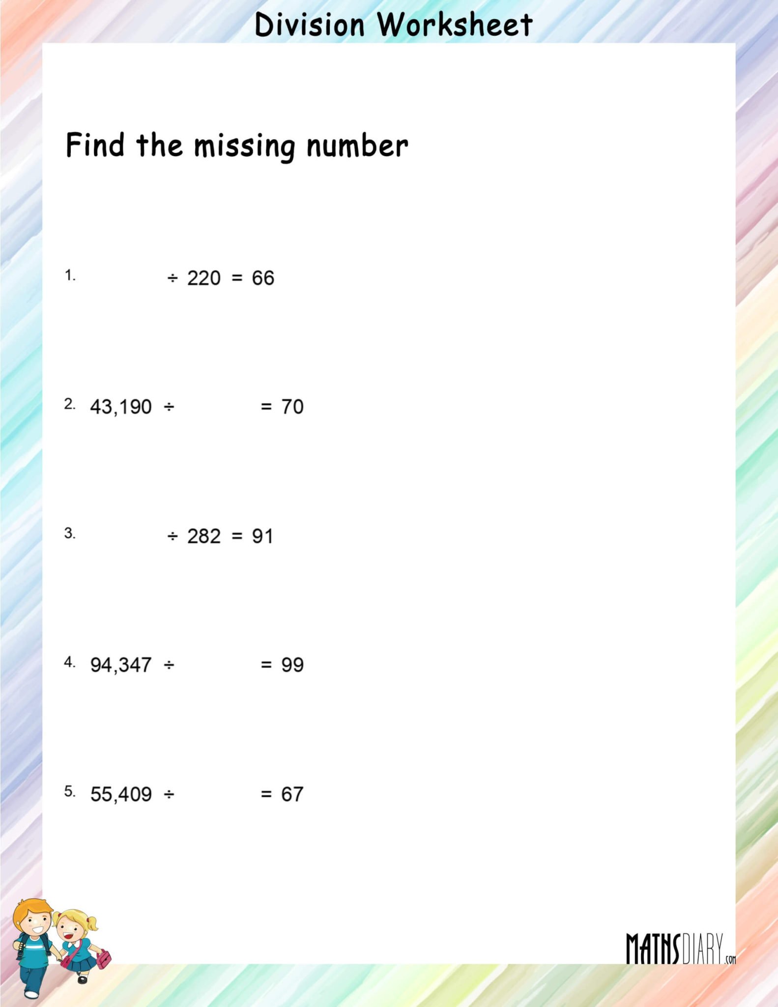 Find the missing number – Division Worksheets - Math Worksheets ...