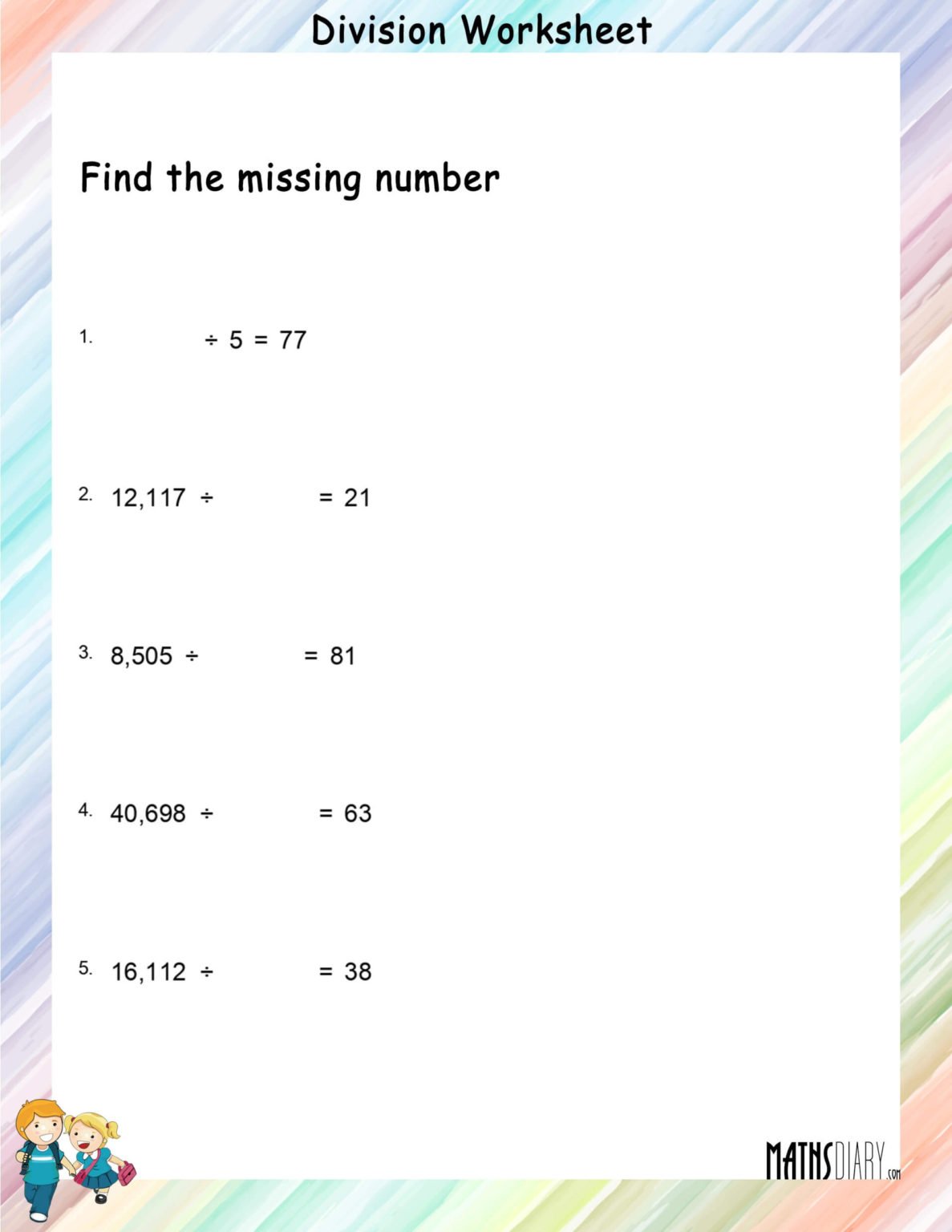 Find the missing number – Division Worksheets - Math Worksheets ...