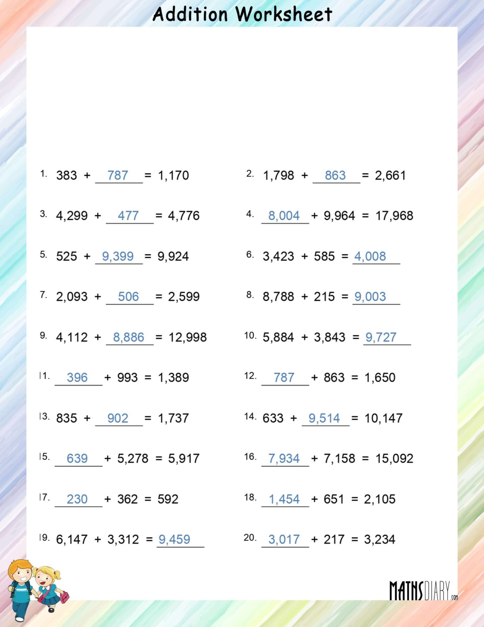 Find the missing number in addition worksheets - Math Worksheets ...