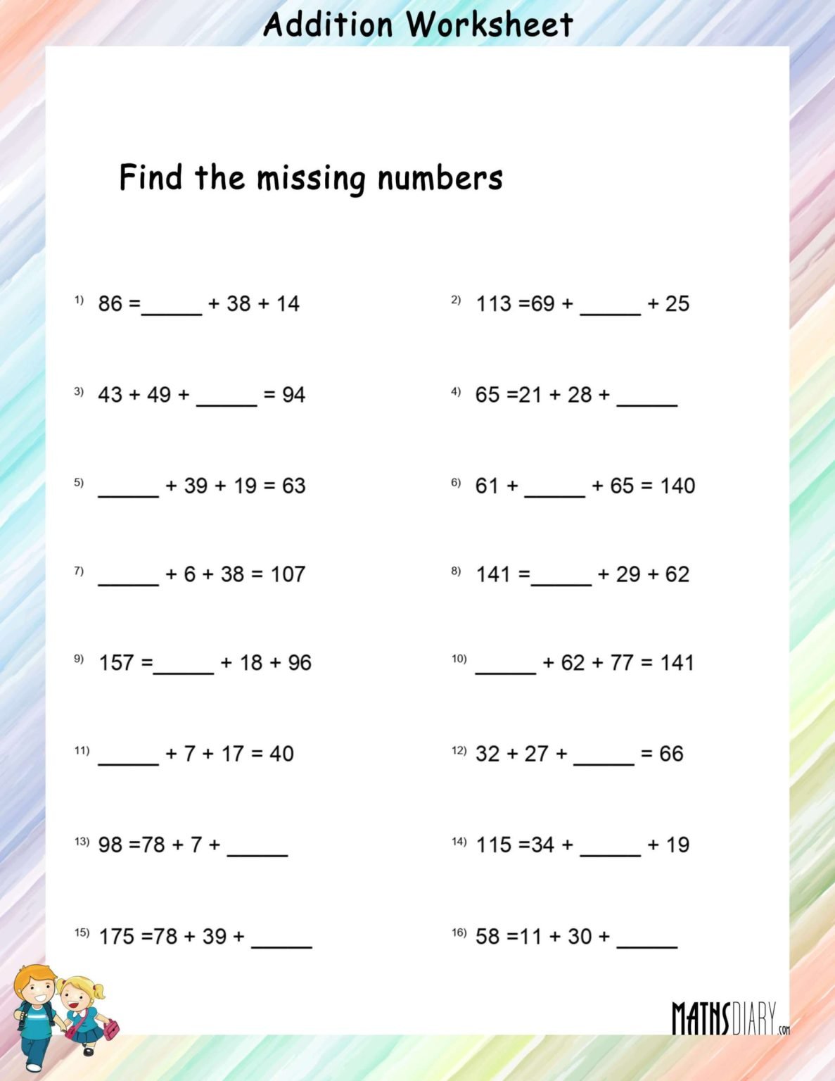 Find the missing number in addition worksheets - Math Worksheets ...