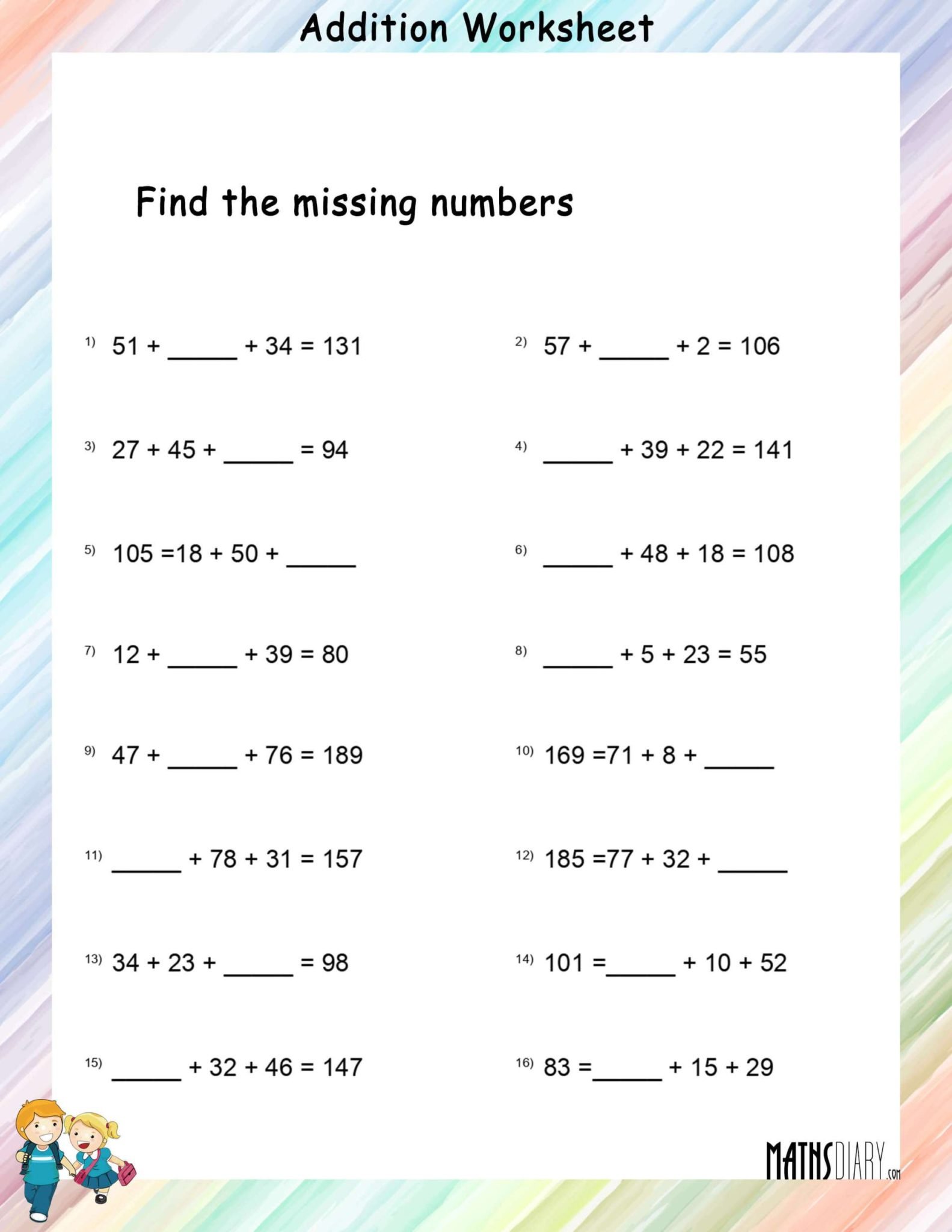 Find the missing number in addition worksheets - Math Worksheets ...