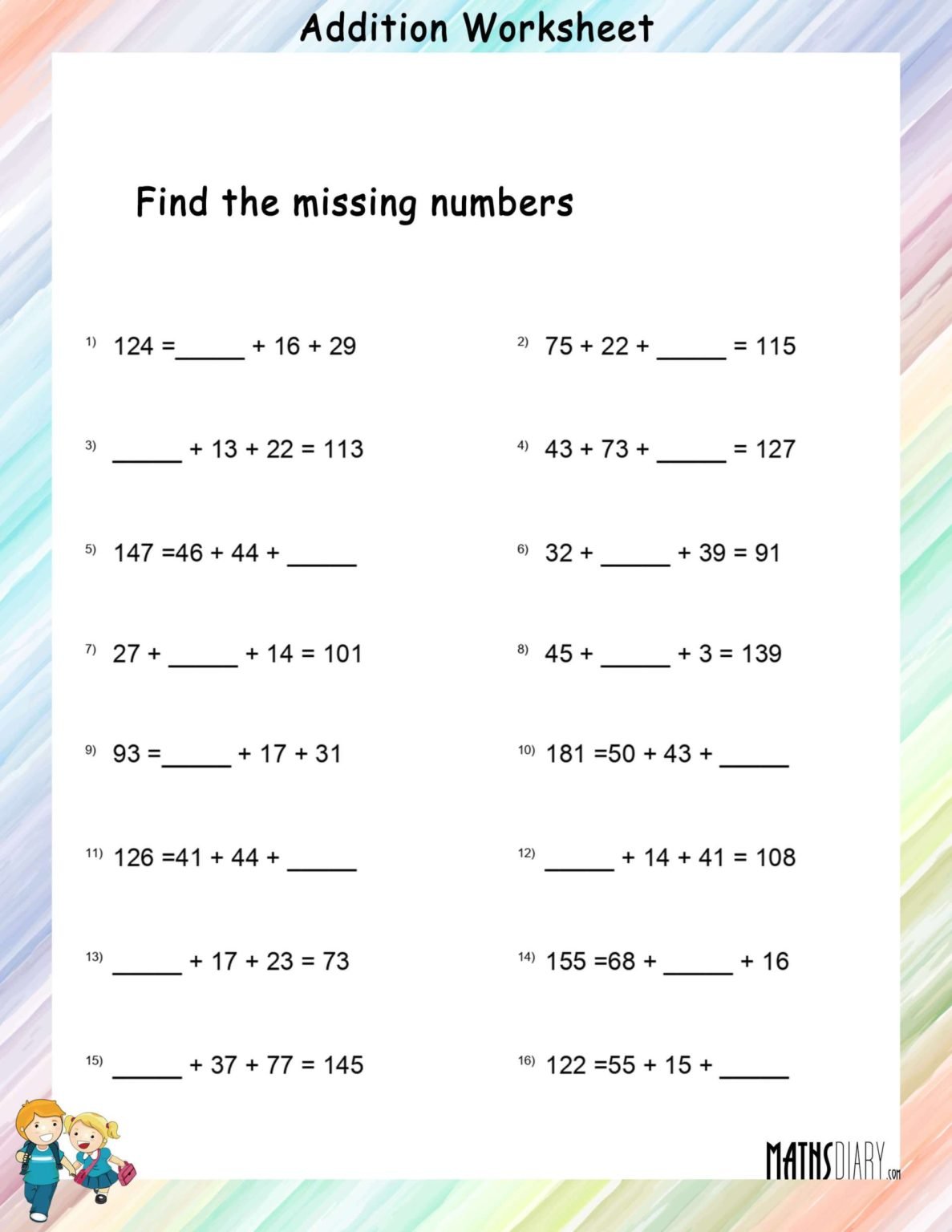 Find the missing number in addition worksheets - Math Worksheets ...
