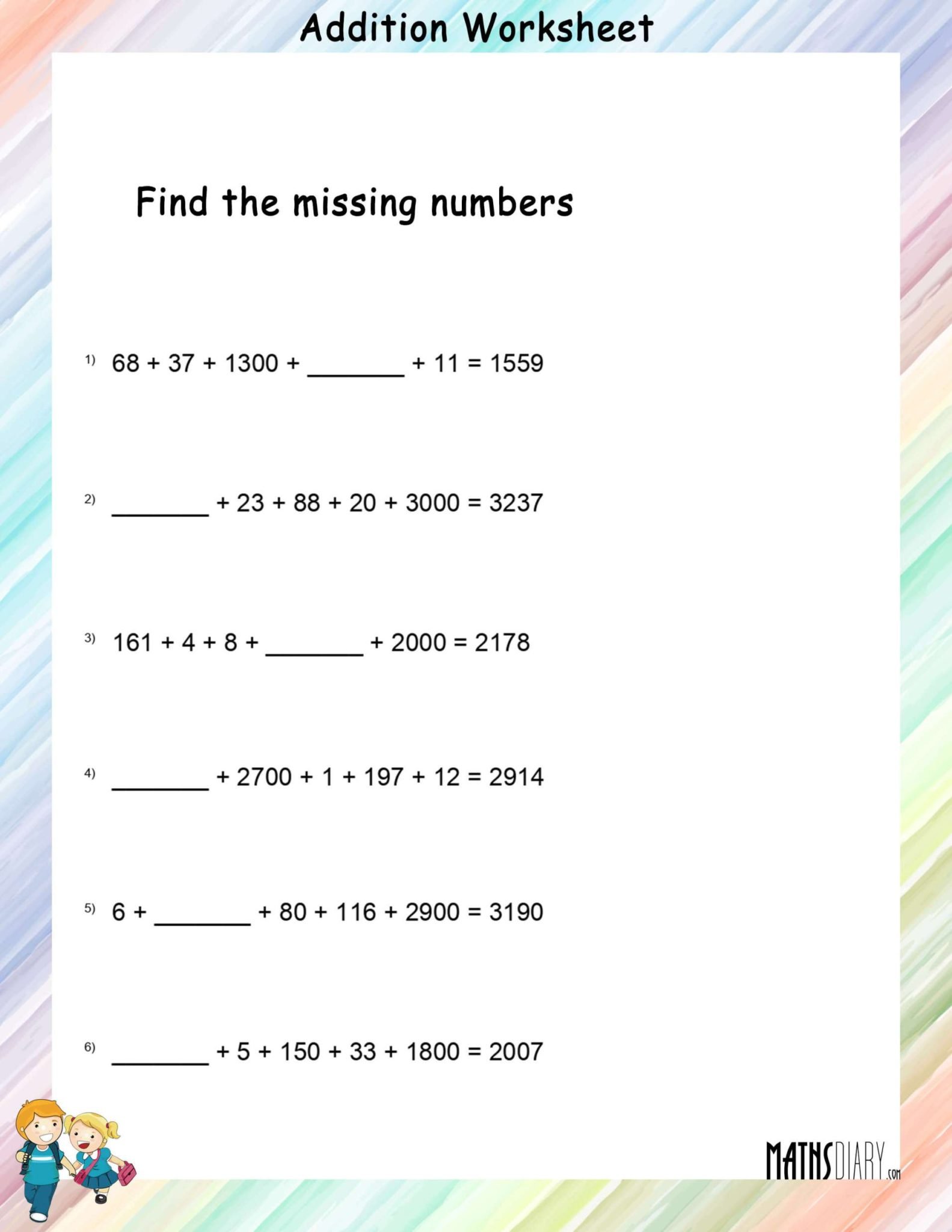Find the missing number in addition worksheets - Math Worksheets ...