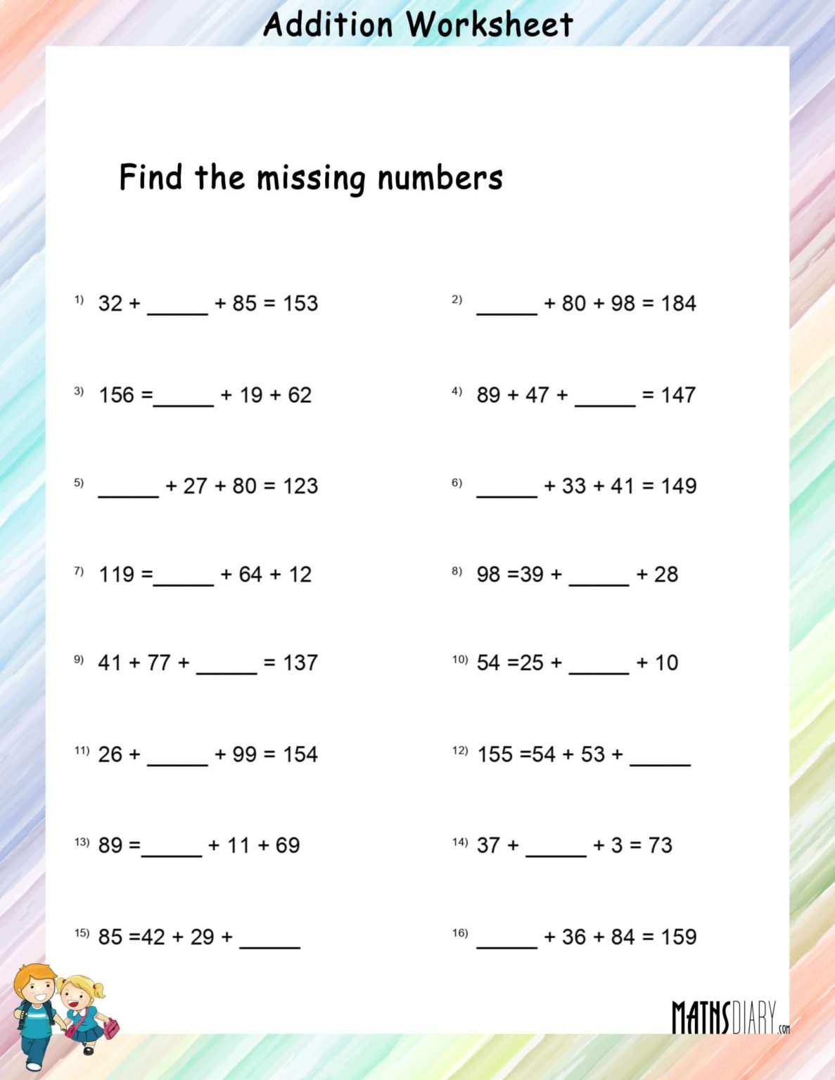 Find the missing number in addition worksheets - Math Worksheets ...