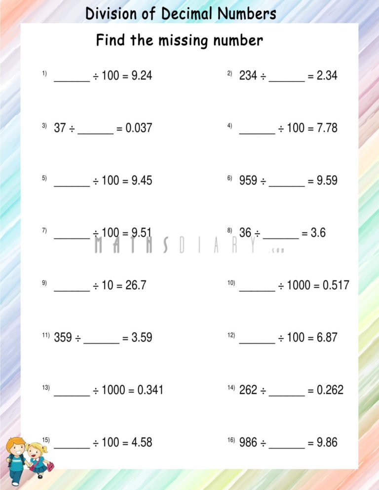 Find the missing number in division of decimals - Math Worksheets ...
