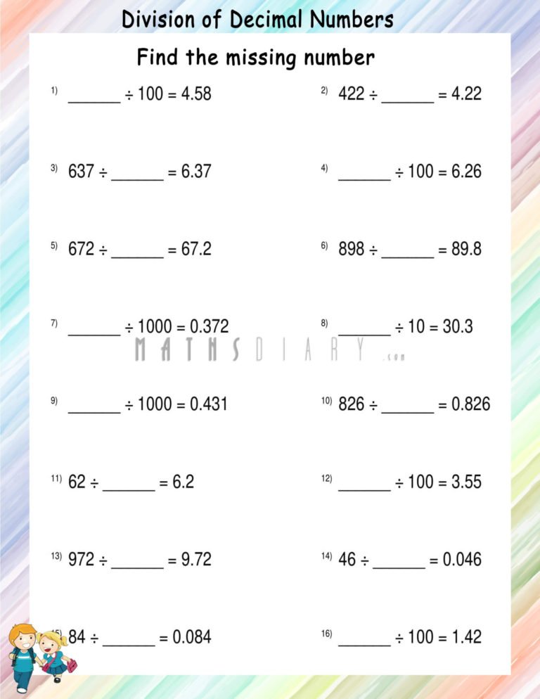 Find the missing number in division of decimals - Math Worksheets ...