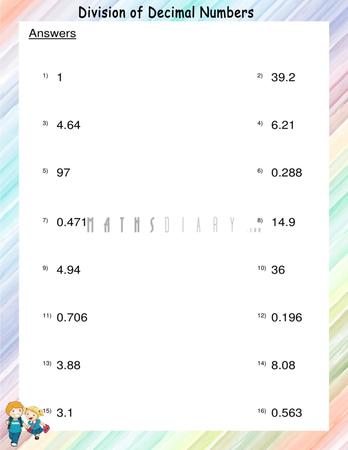 Find the missing number in division of decimals - Math Worksheets ...