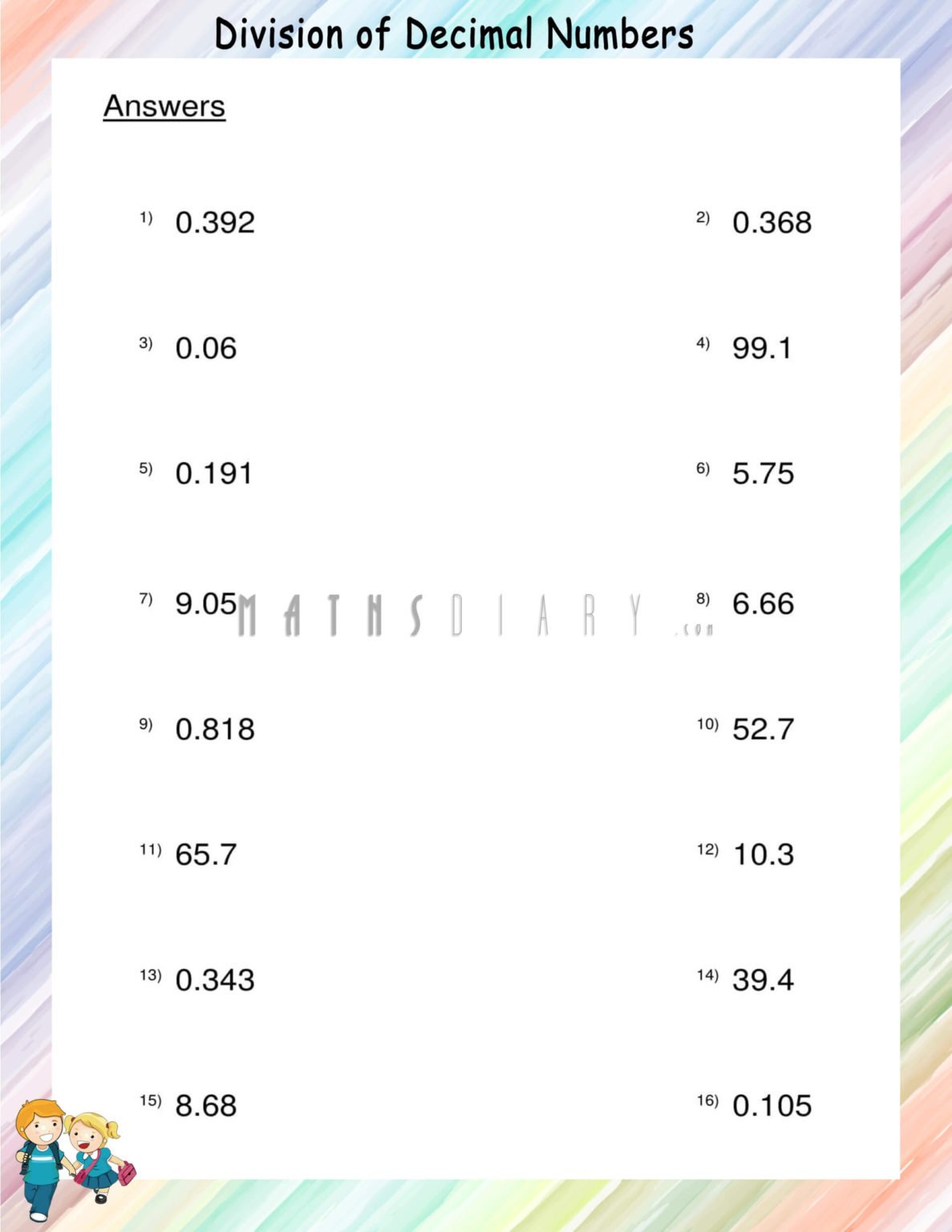 Find the missing number in division of decimals - Math Worksheets ...