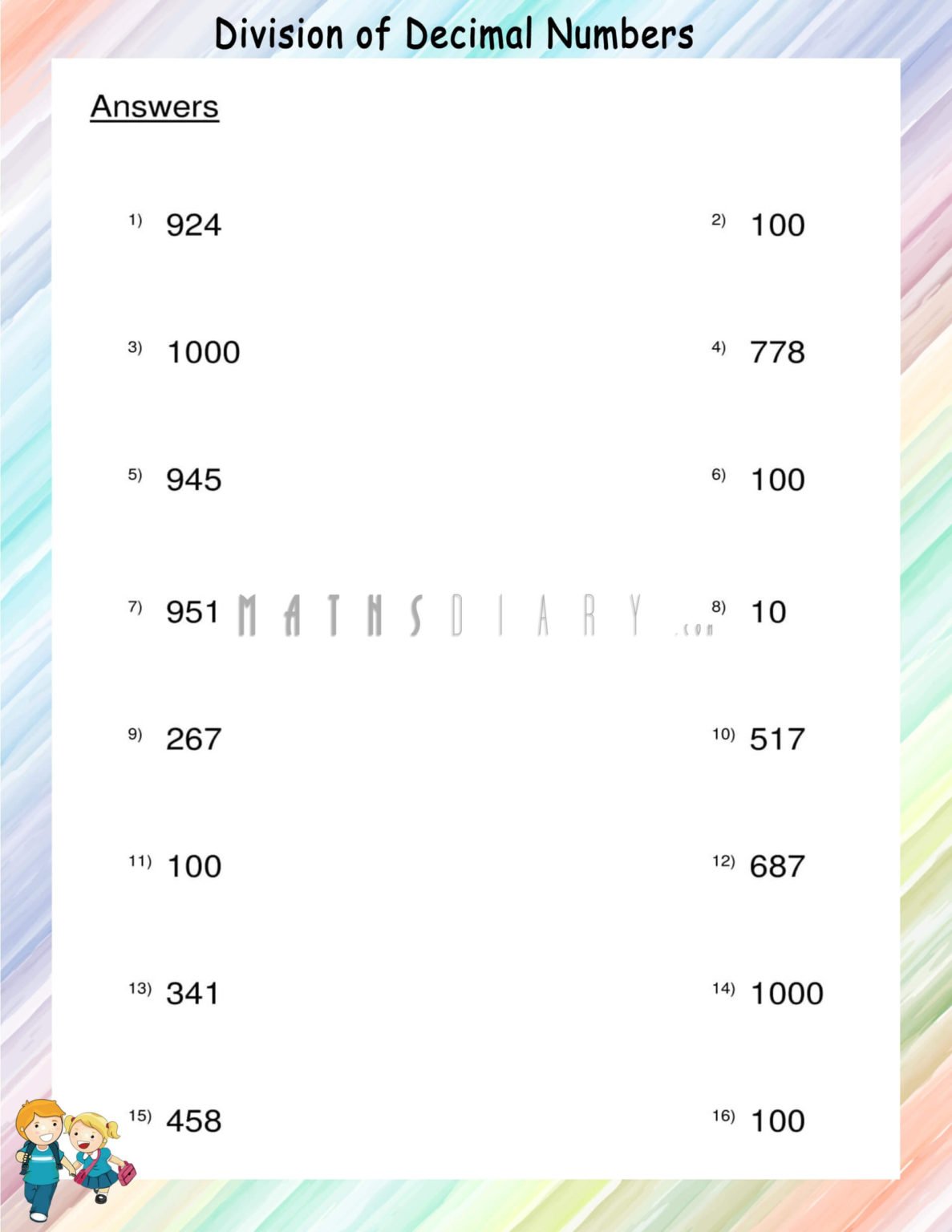 Find the missing number in division of decimals - Math Worksheets ...