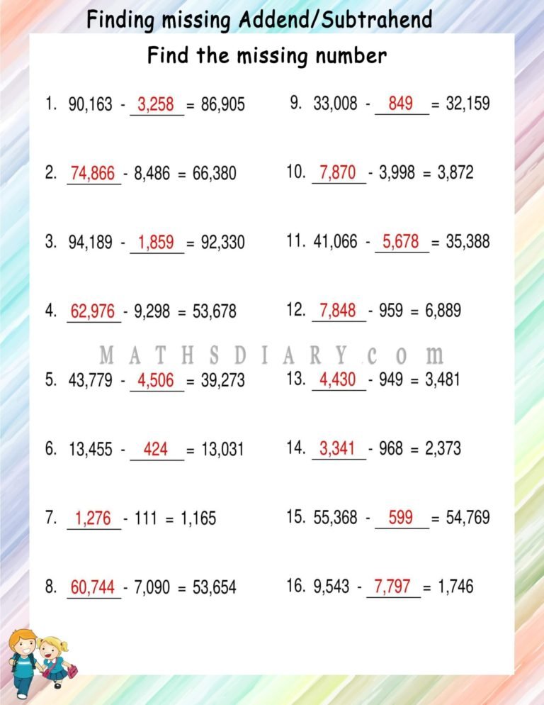 Finding Subtrahends worksheets - Math Worksheets - MathsDiary.com