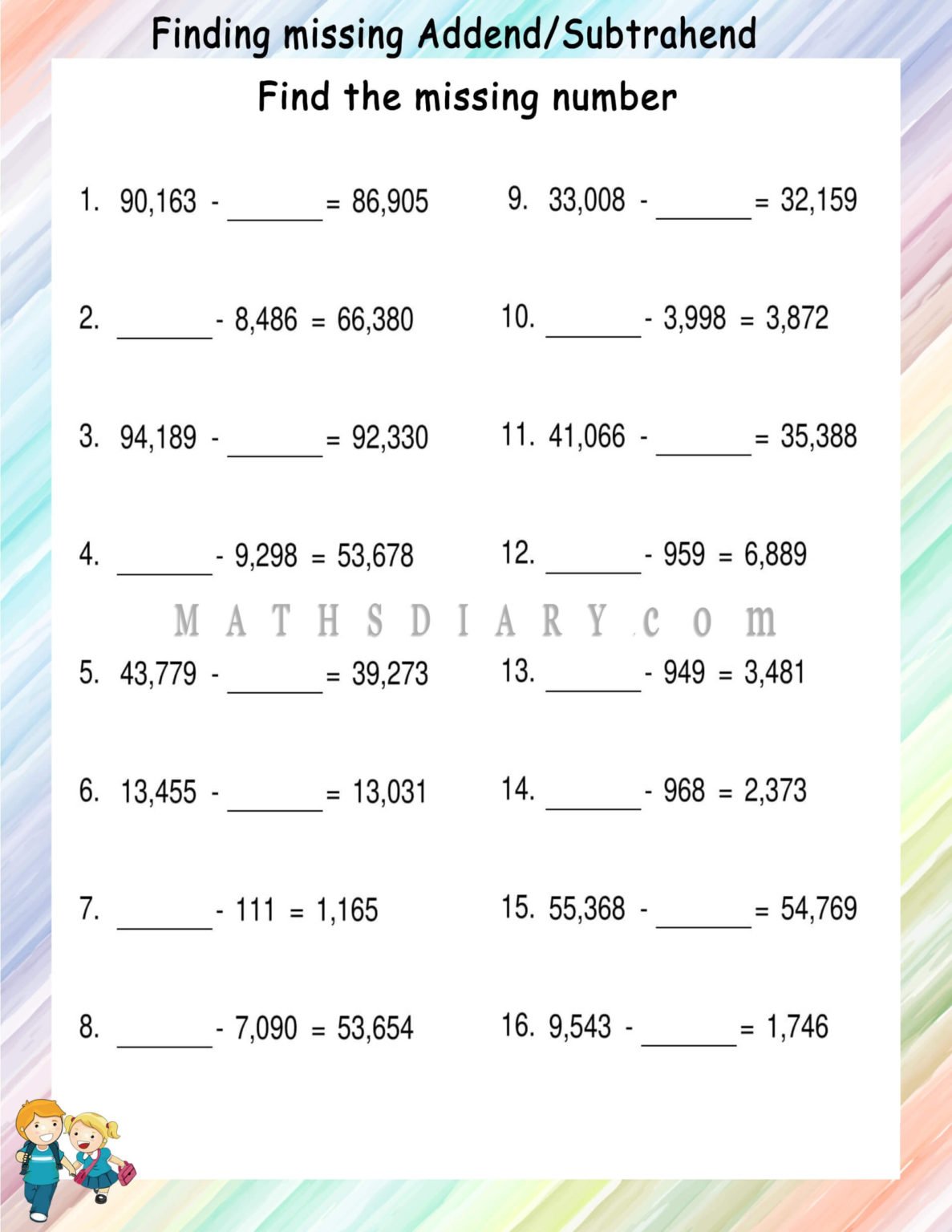 Finding Subtrahends worksheets - Math Worksheets - MathsDiary.com