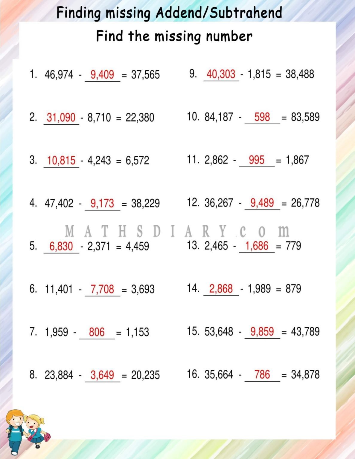 Finding Subtrahends worksheets - Math Worksheets - MathsDiary.com
