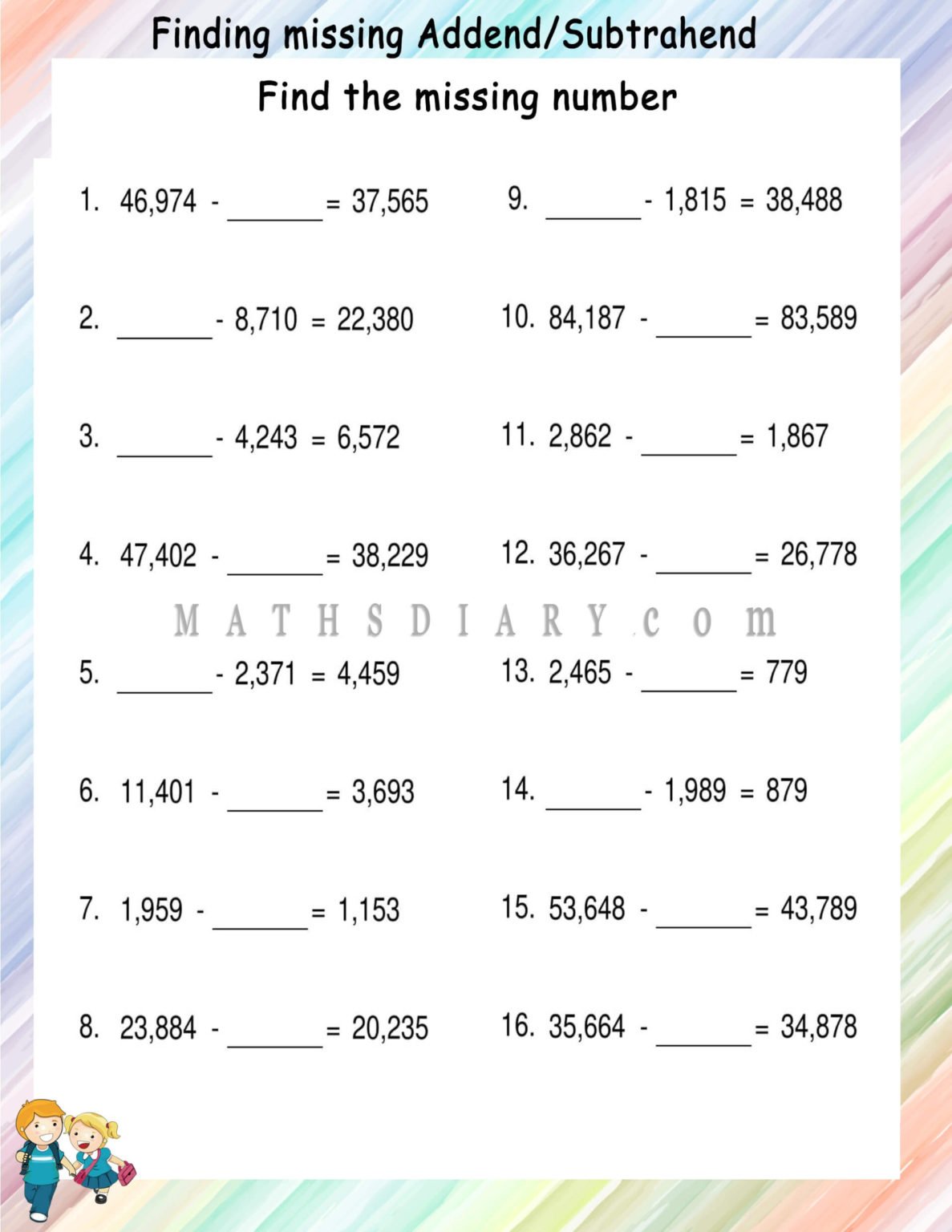 Finding Subtrahends worksheets - Math Worksheets - MathsDiary.com