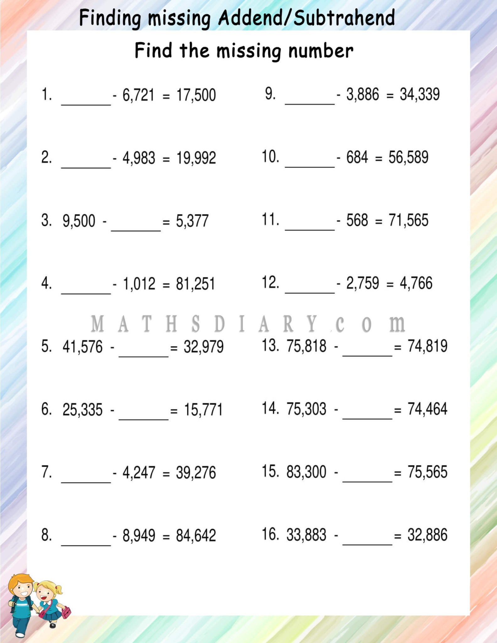 Addends and subtrahends Math Worksheets
