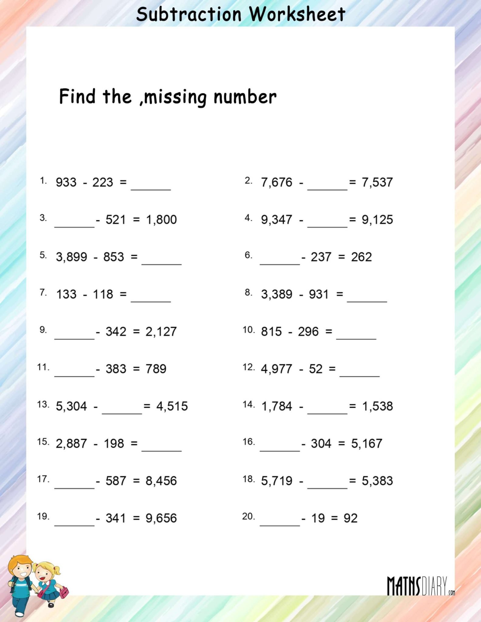 Find the missing number subtraction worksheets - Math Worksheets ...
