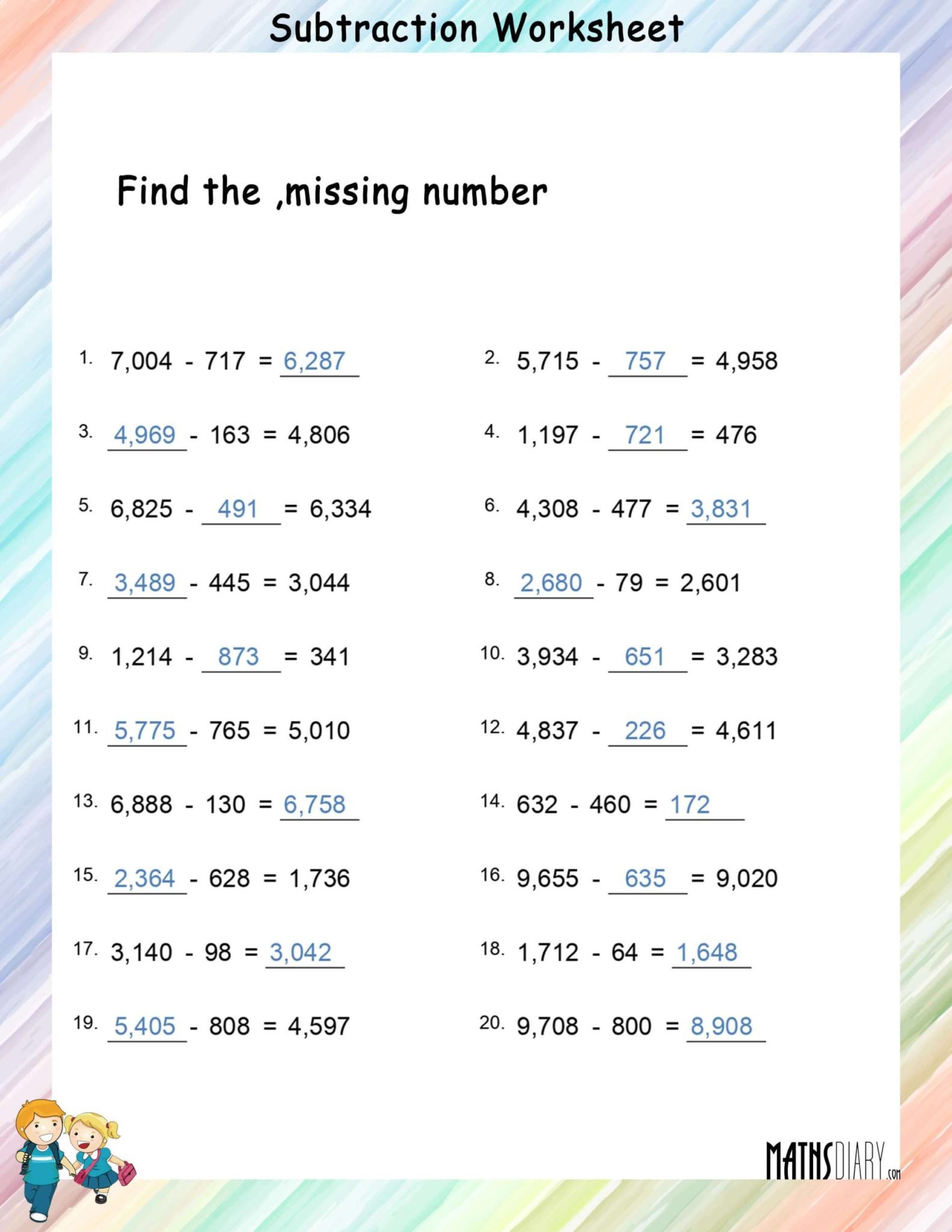 Find the missing number subtraction worksheets - Math Worksheets ...