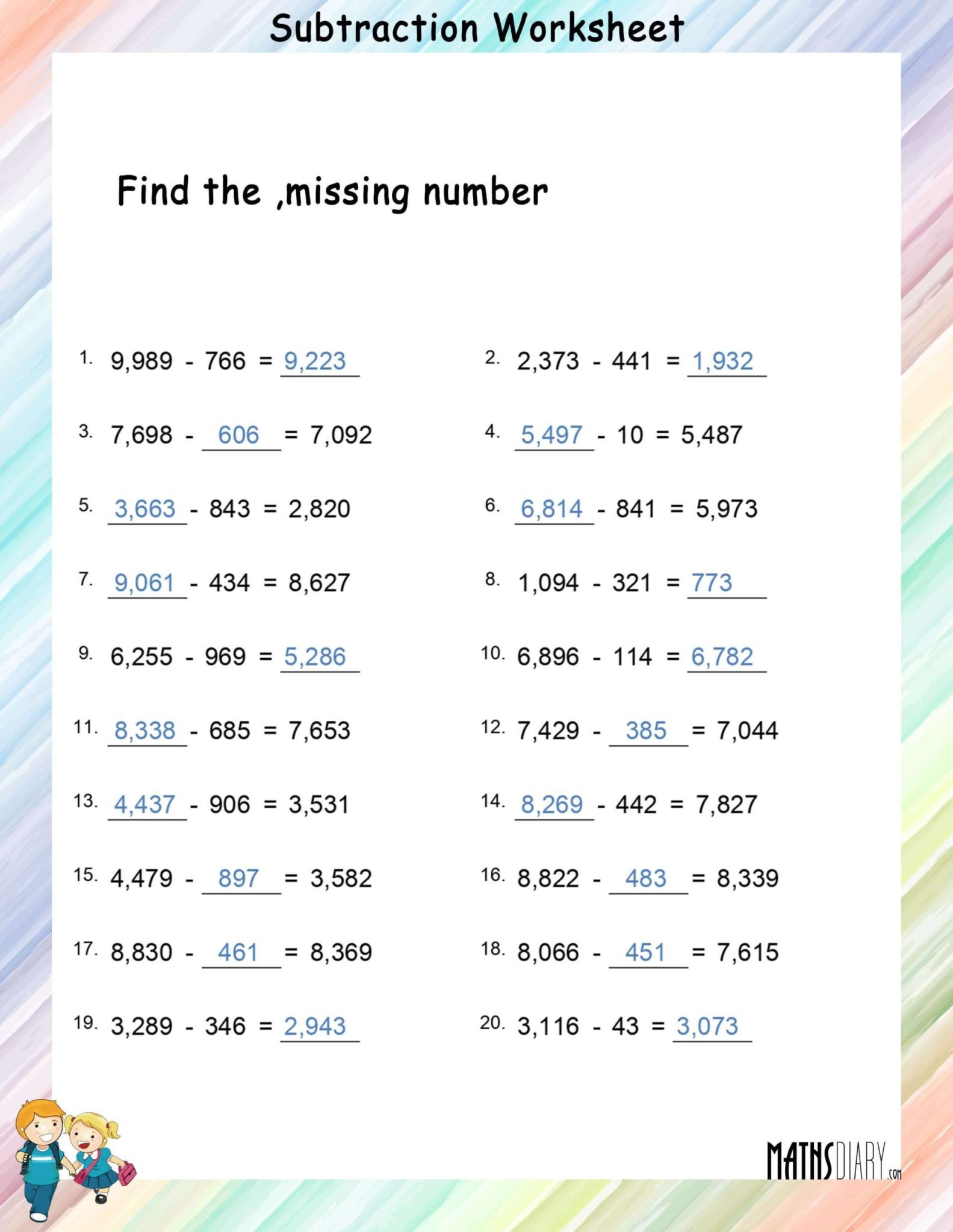 Find the missing number subtraction worksheets - Math Worksheets ...