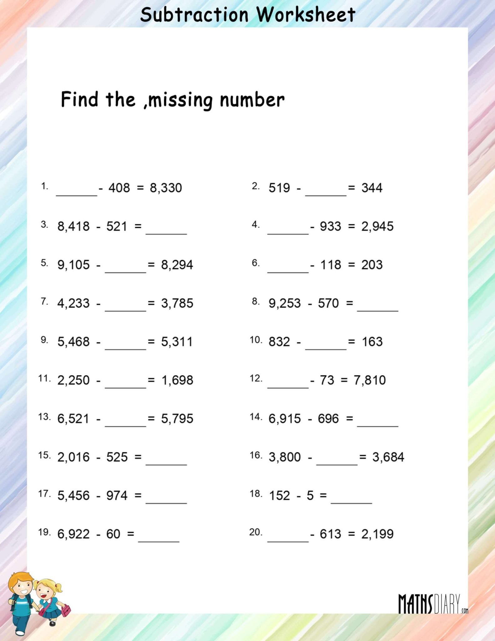 Find the missing number subtraction worksheets - Math Worksheets ...