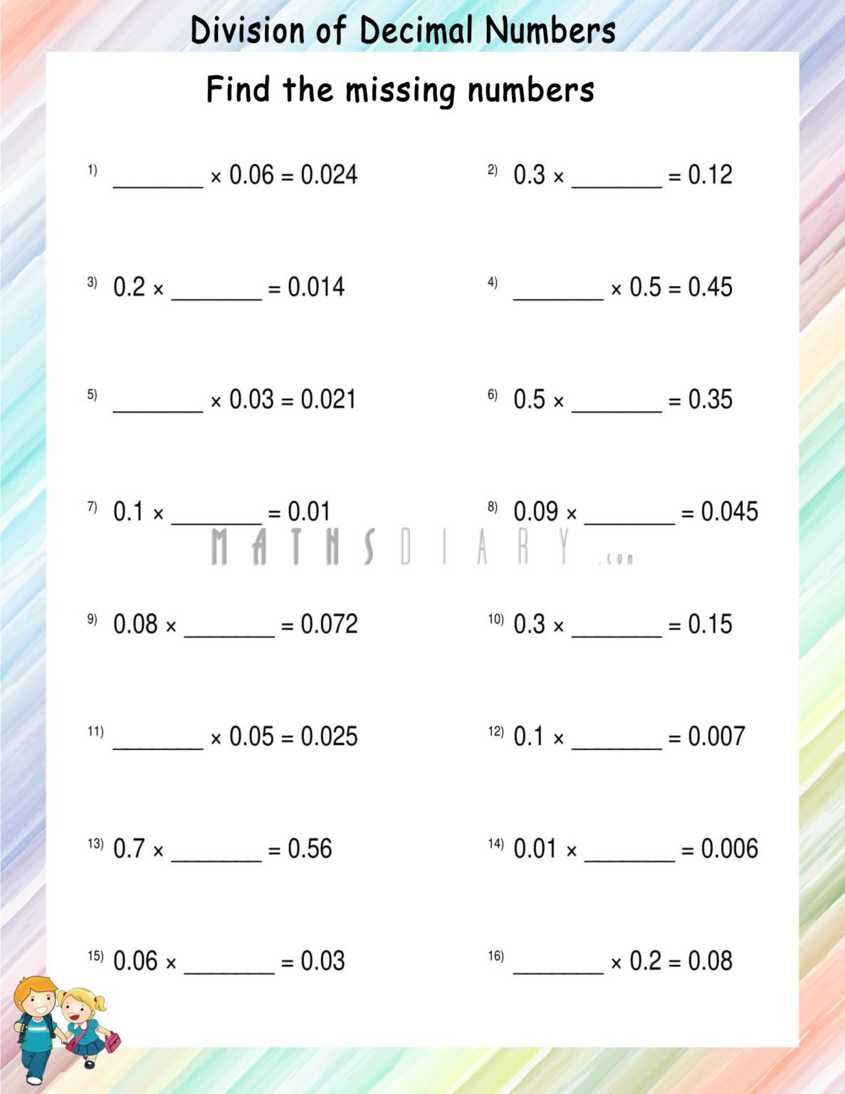 Find the missing numbers in multiplication of decimal numbers - Math ...