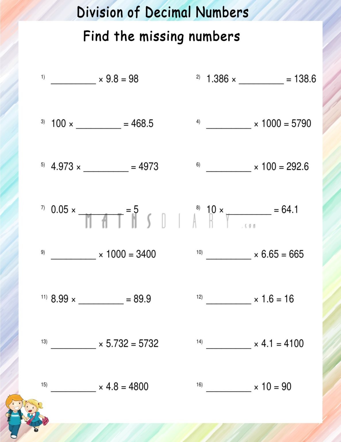 Find the missing numbers in multiplication of decimal numbers - Math ...