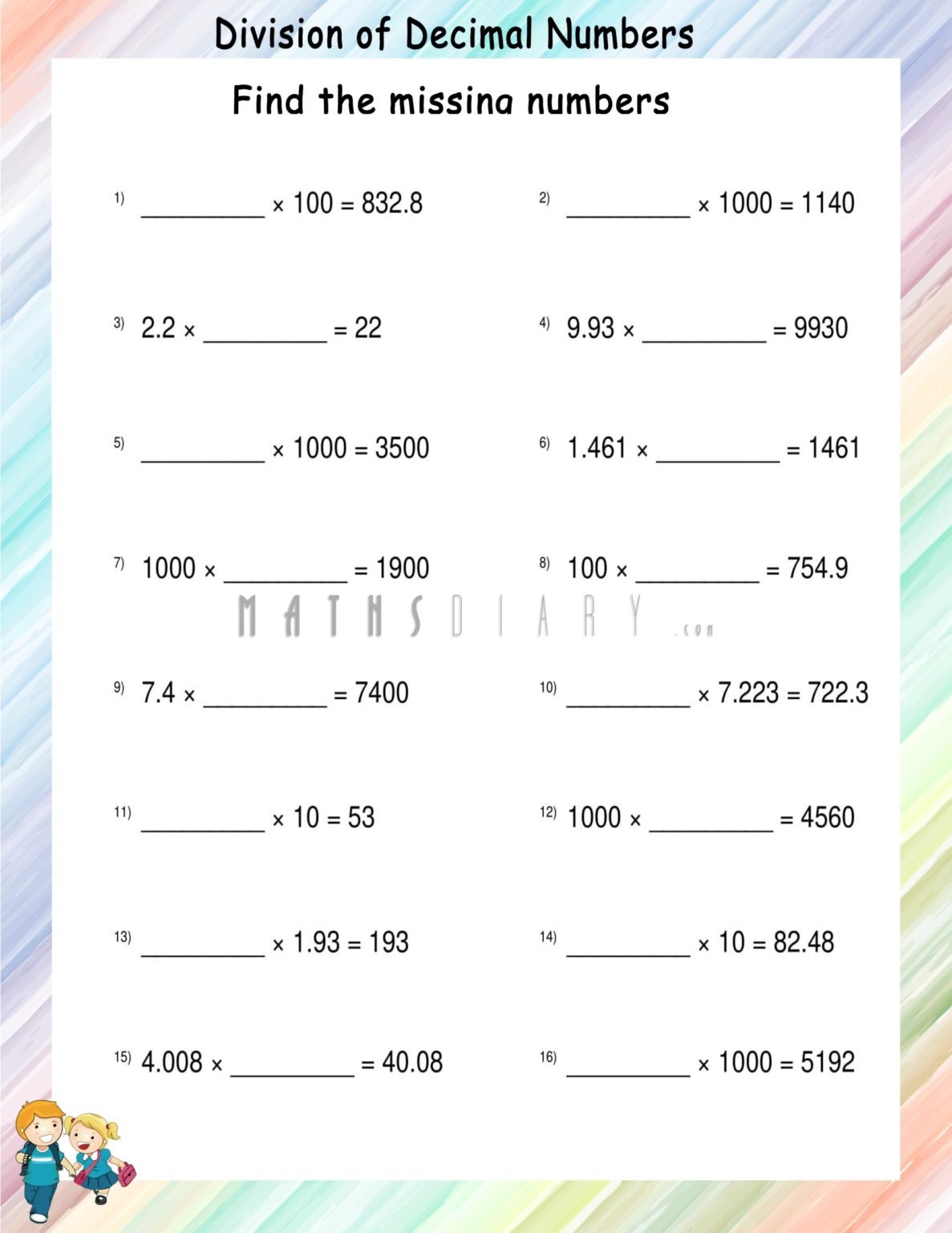 Find the missing numbers in multiplication of decimal numbers - Math ...
