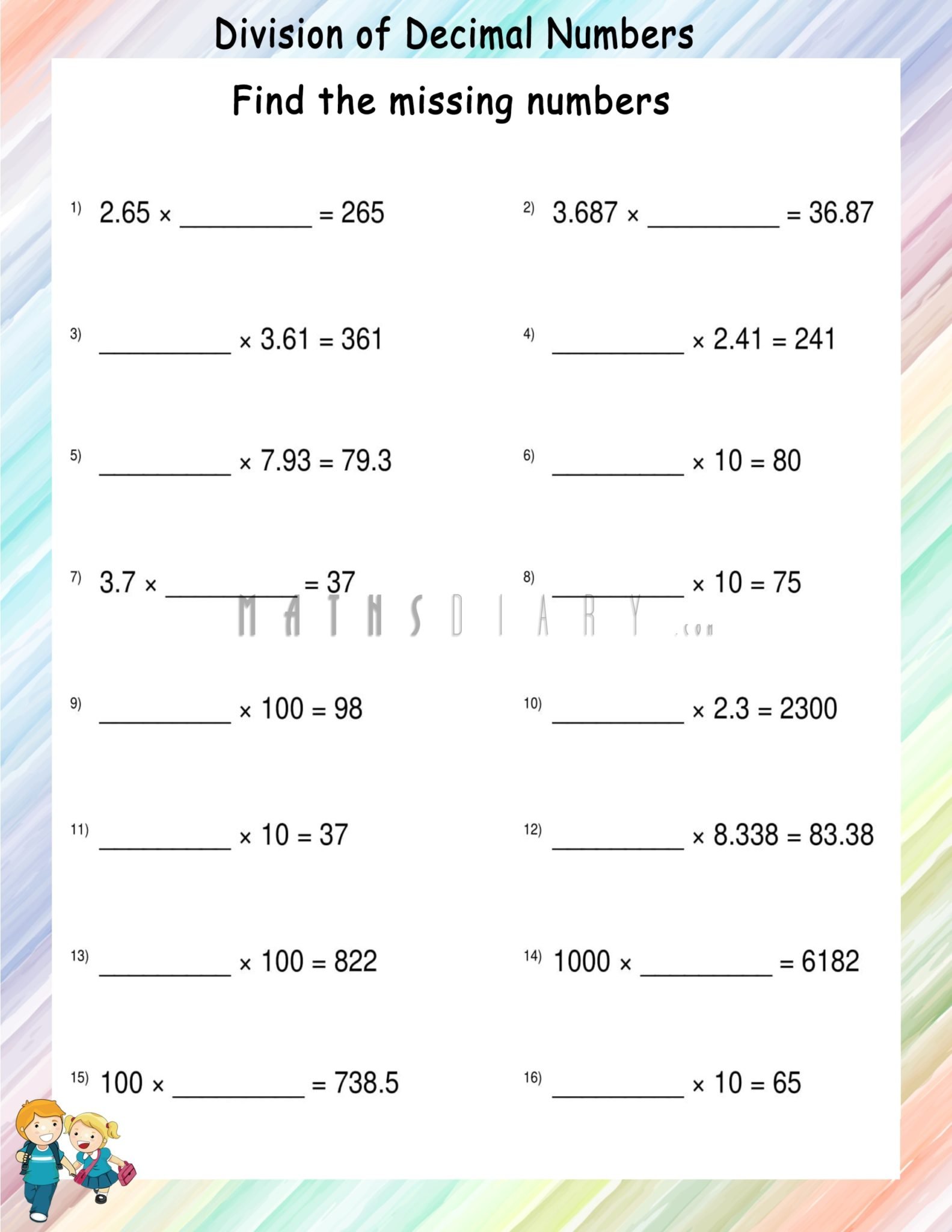 Find the missing numbers in multiplication of decimal numbers - Math ...