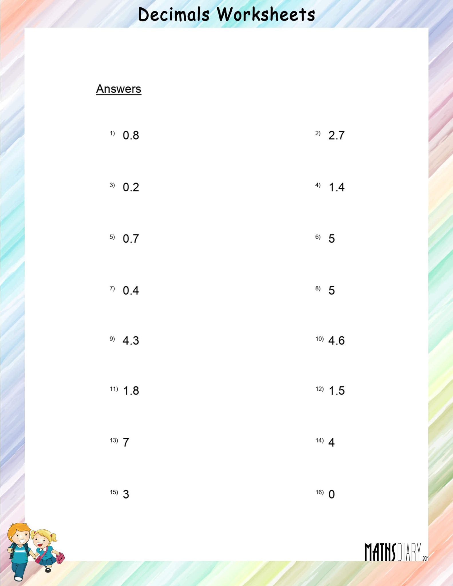 Find the missing number in subtracting decimals - Math Worksheets ...