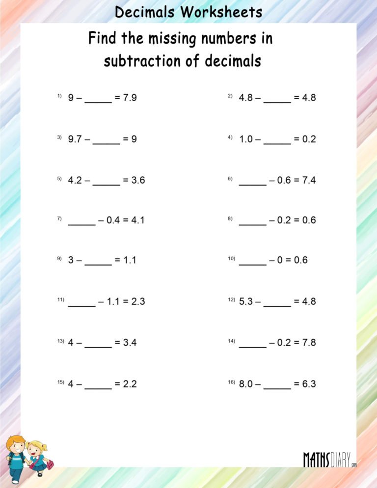 Find the missing number in subtracting decimals - Math Worksheets ...