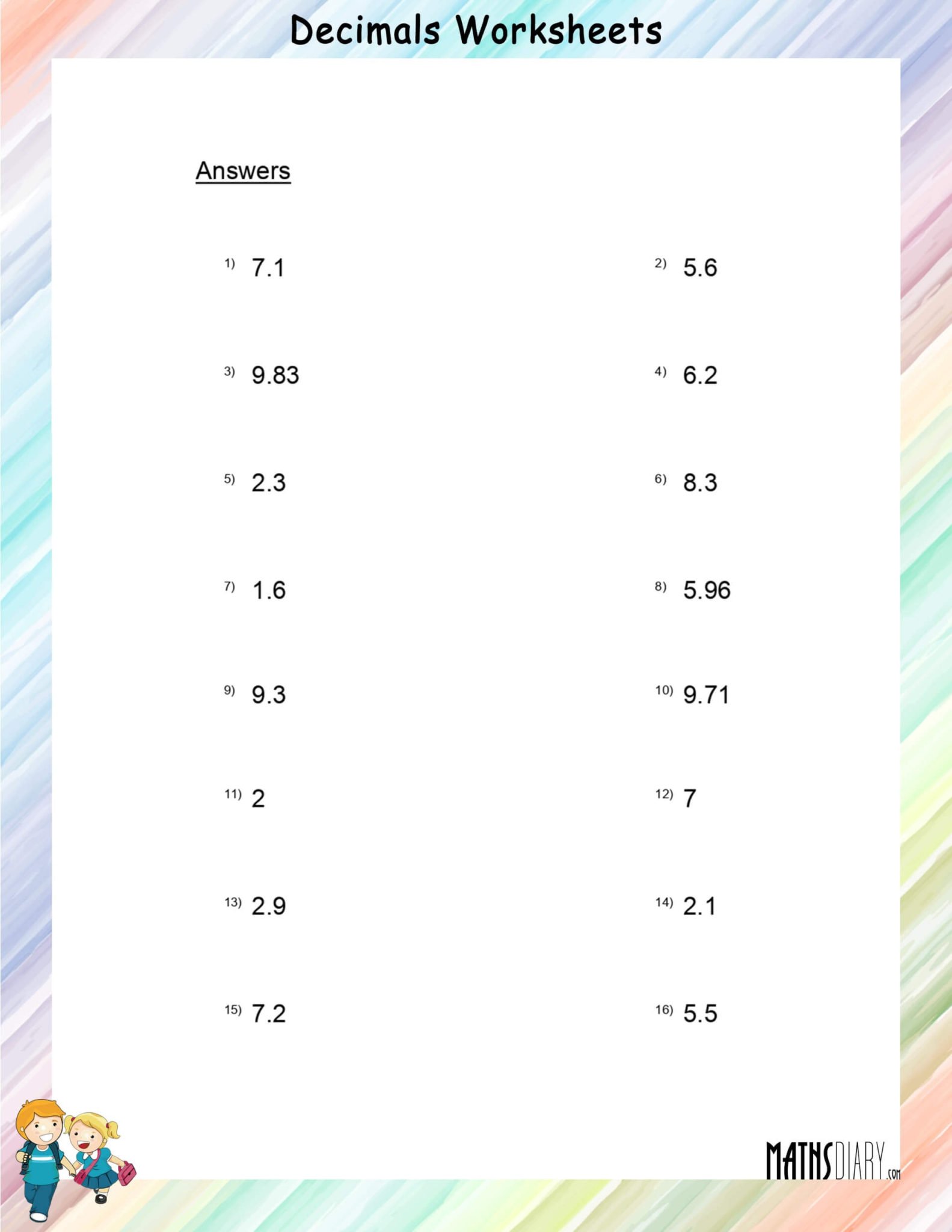 Find the missing number in subtracting decimals - Math Worksheets ...