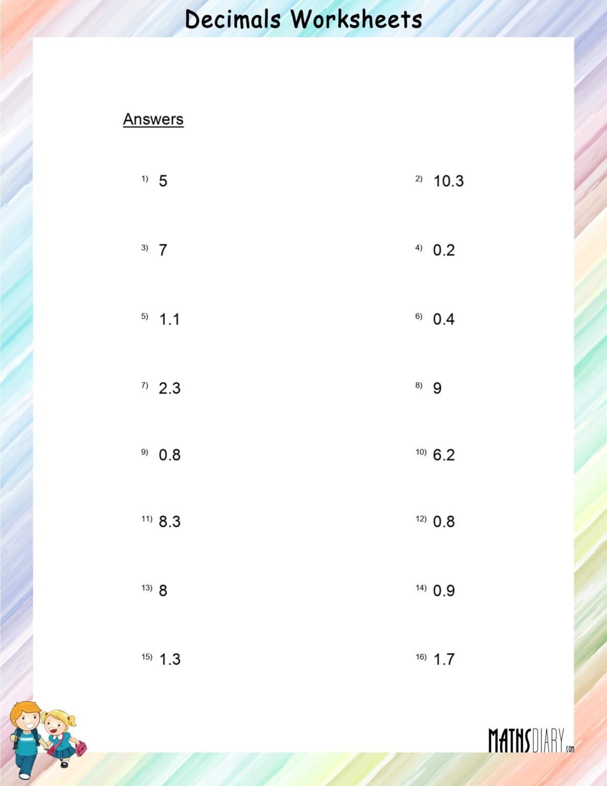 Find the missing number in subtracting decimals - Math Worksheets ...