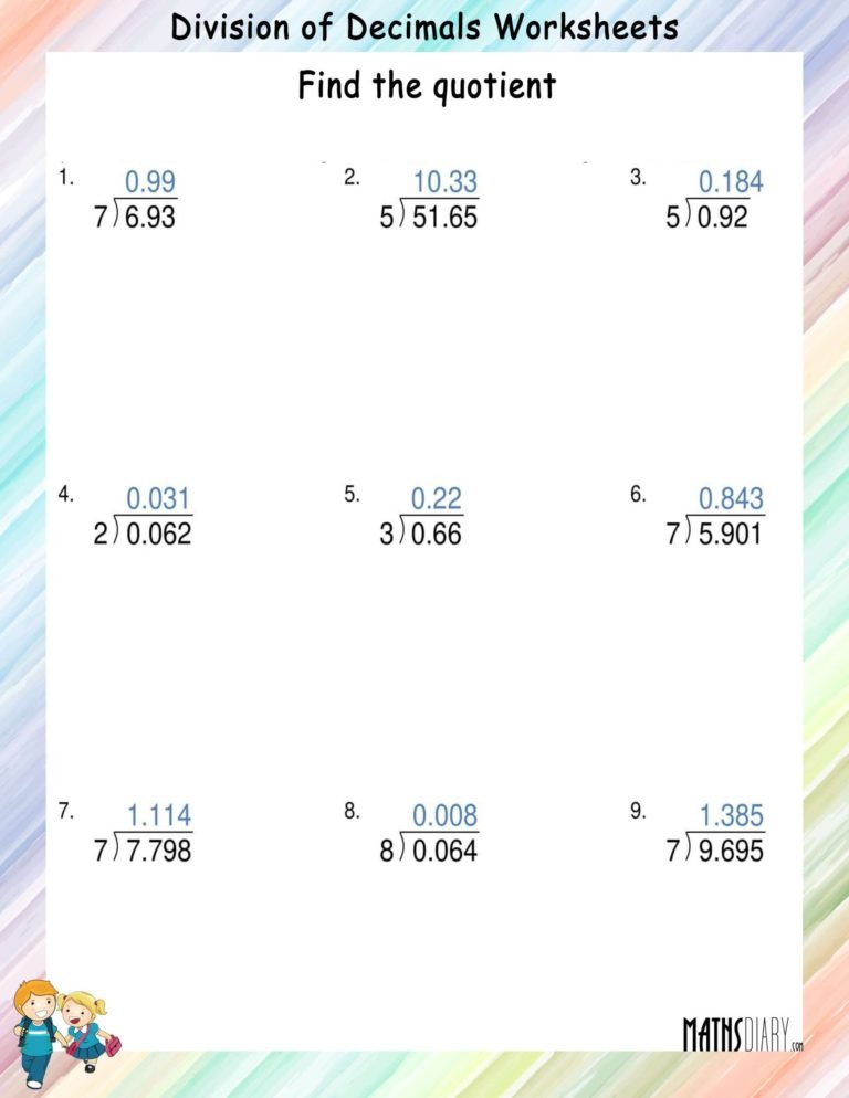 Division of Decimals by 1 digit number - Math Worksheets - MathsDiary.com