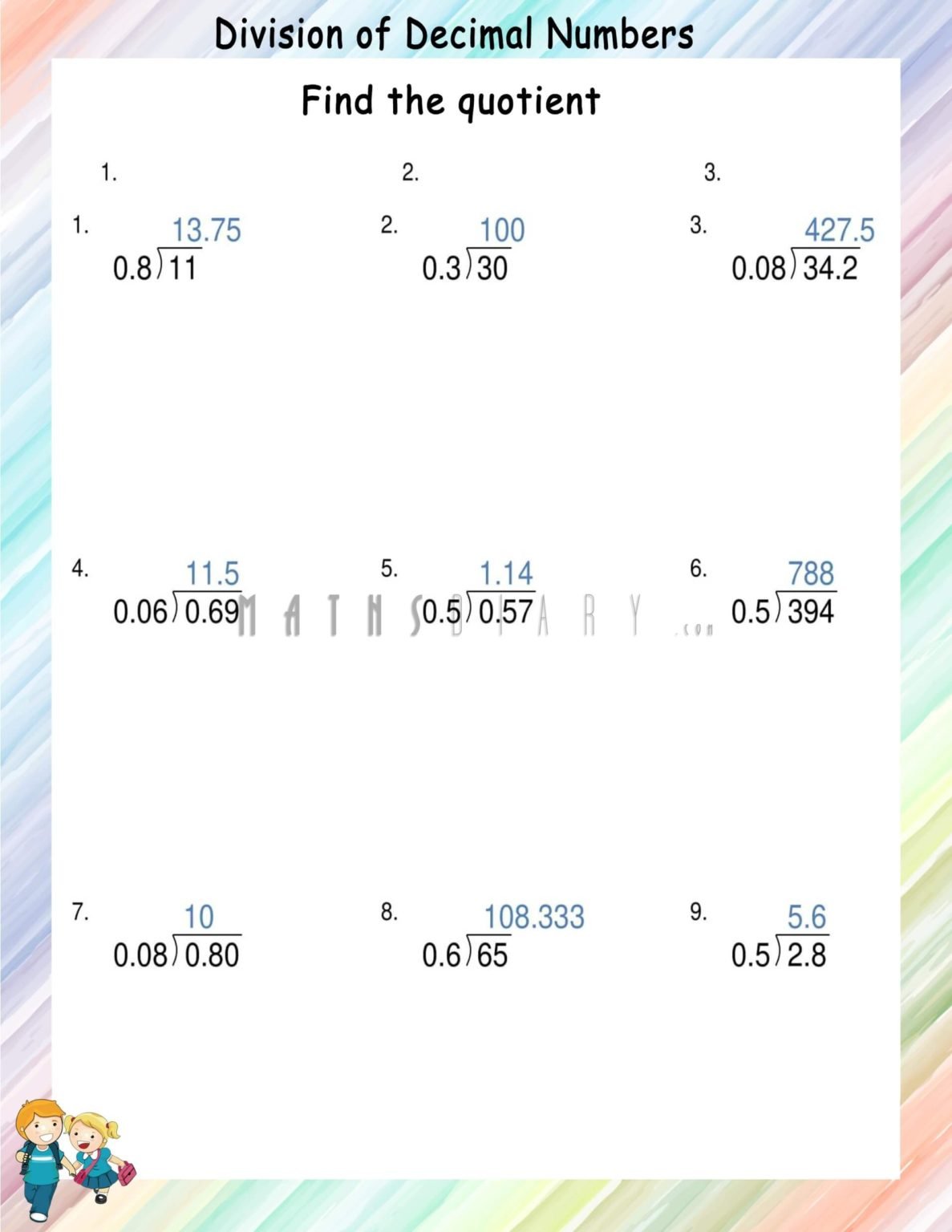 Find the quotient - Math Worksheets - MathsDiary.com