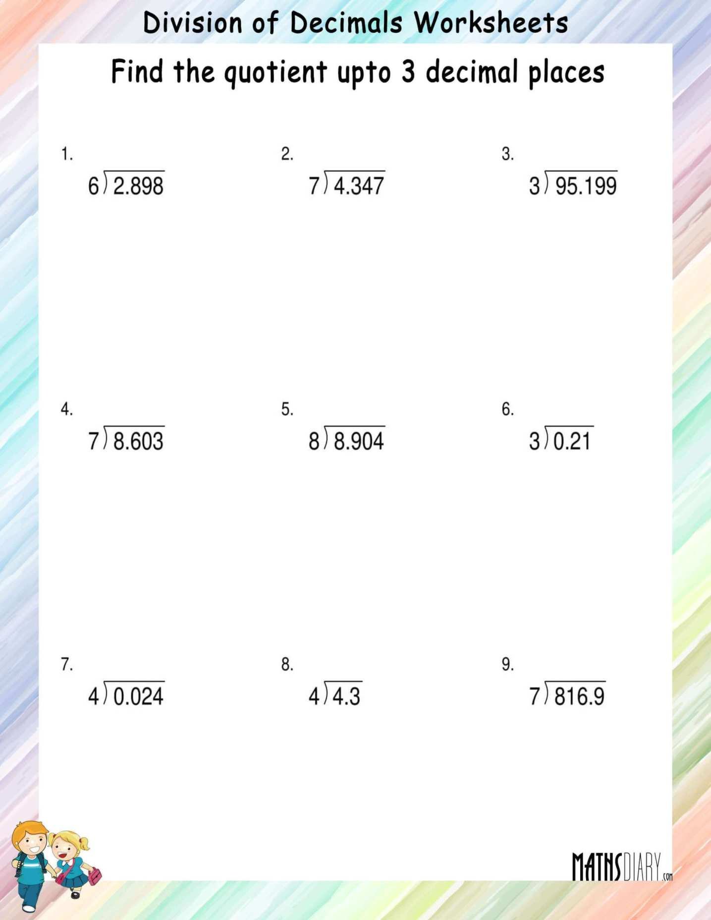Long Division Of Decimal Numbers By Whole Numbers Math Worksheets