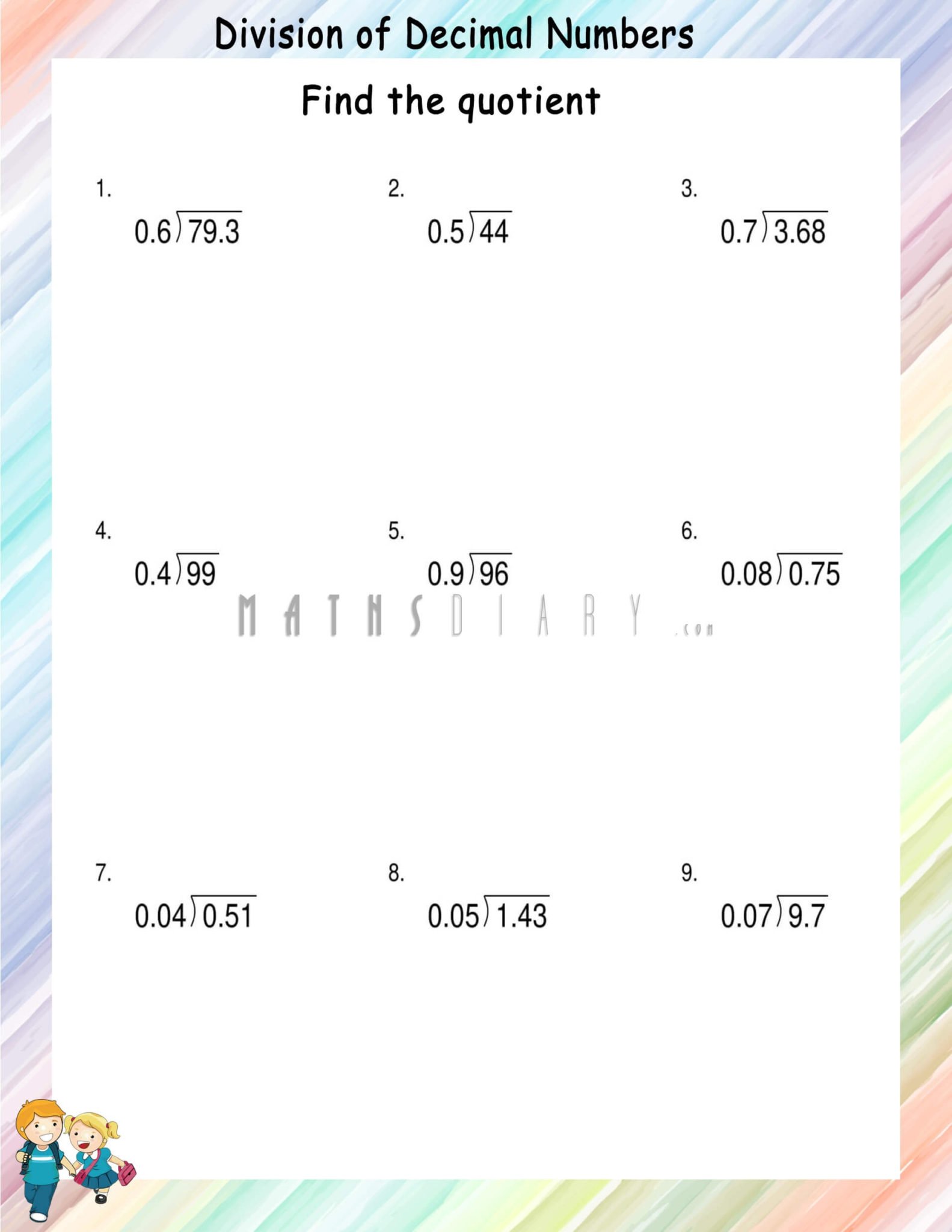 Find the quotient - Math Worksheets - MathsDiary.com