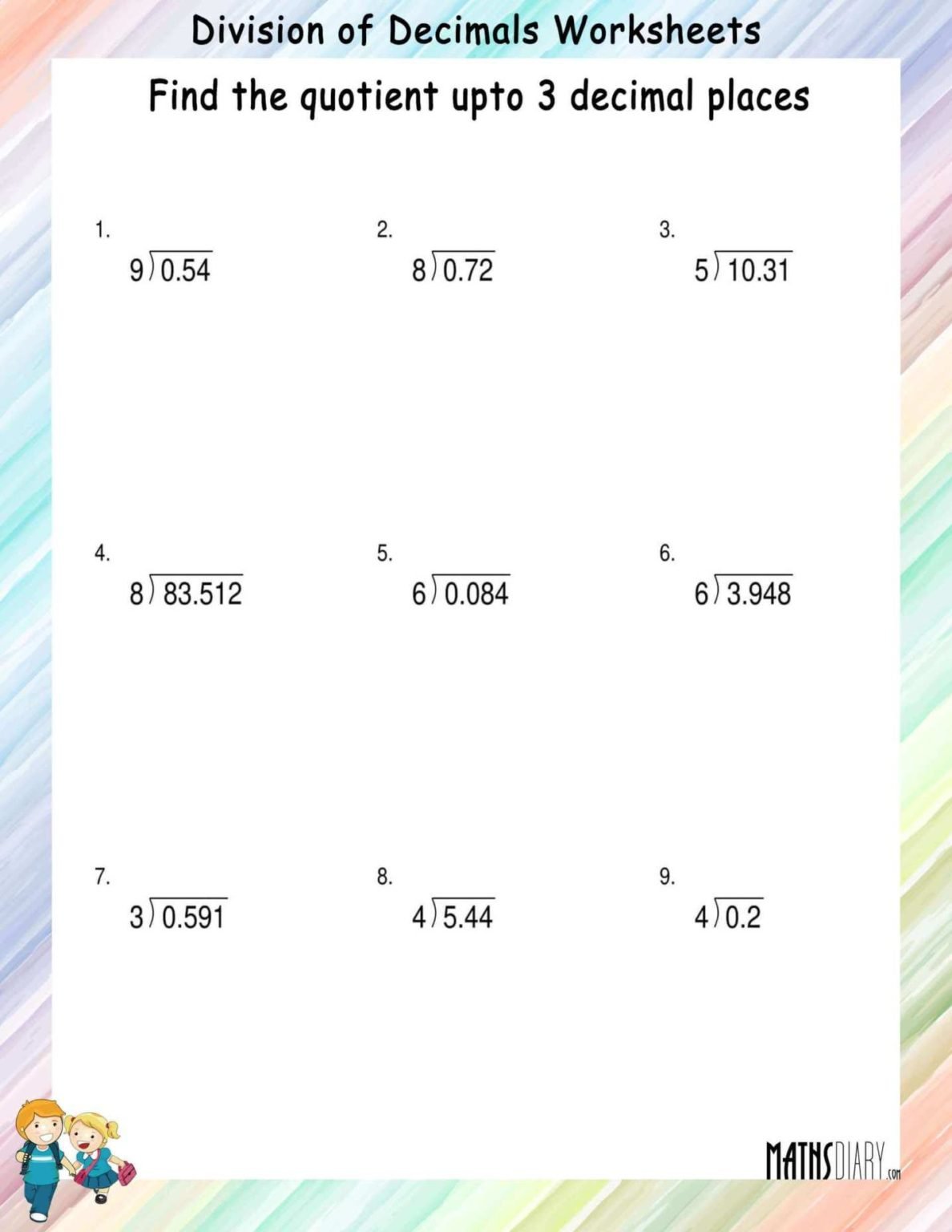 Long Division of Decimal Numbers by whole numbers - Math Worksheets ...