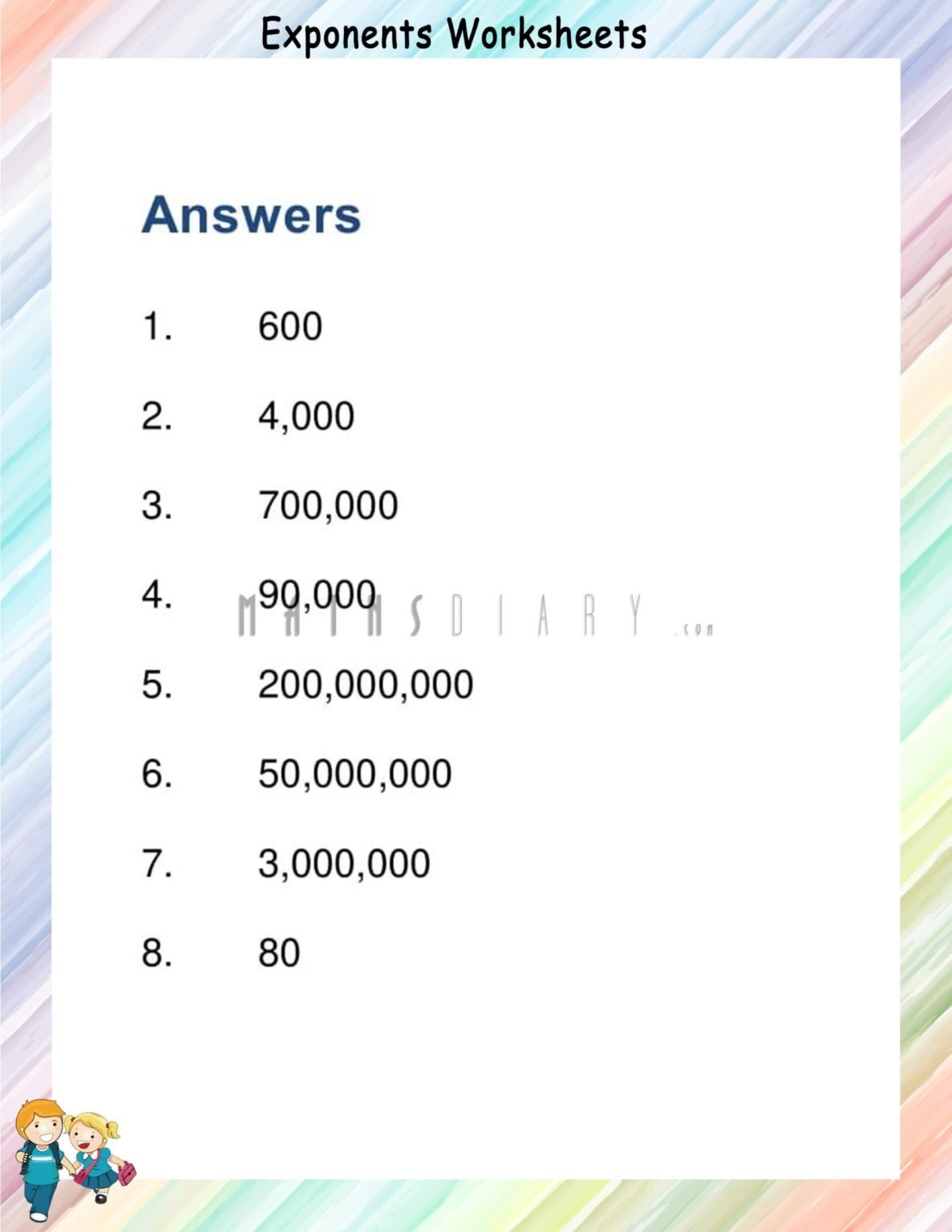 Finding value of exponent worksheets - Math Worksheets - MathsDiary.com