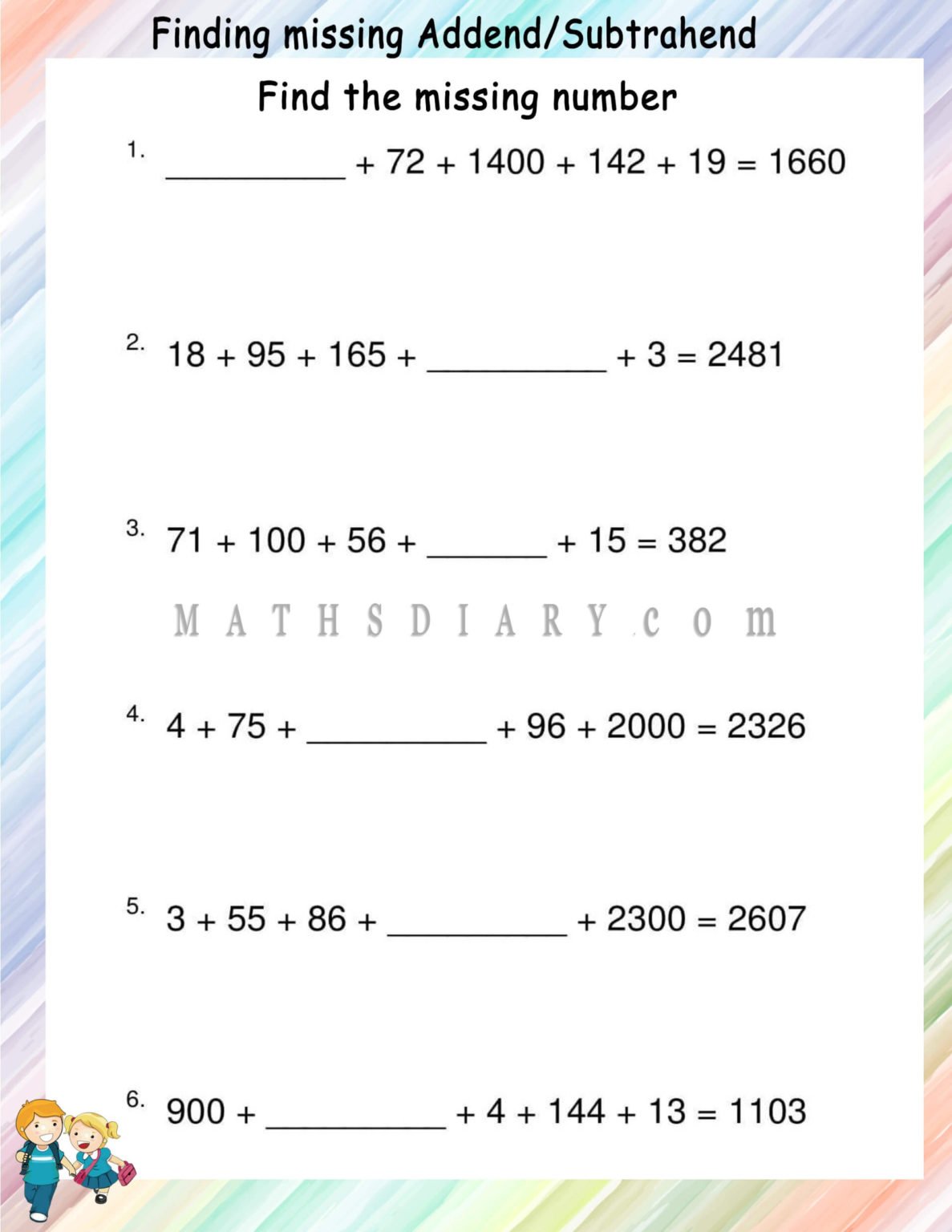 Finding Addends worksheets - Math Worksheets - MathsDiary.com