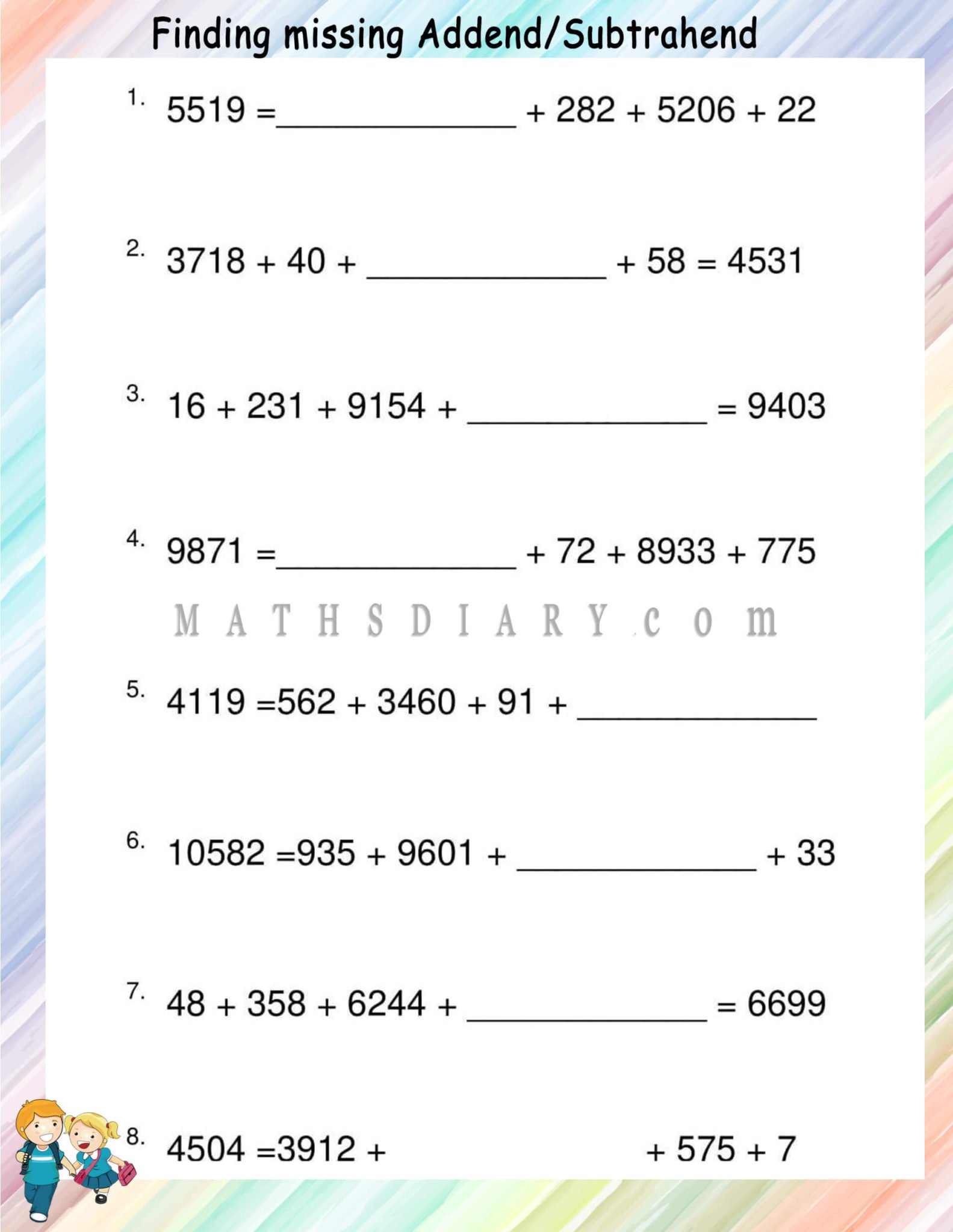 Addends and subtrahends Math Worksheets