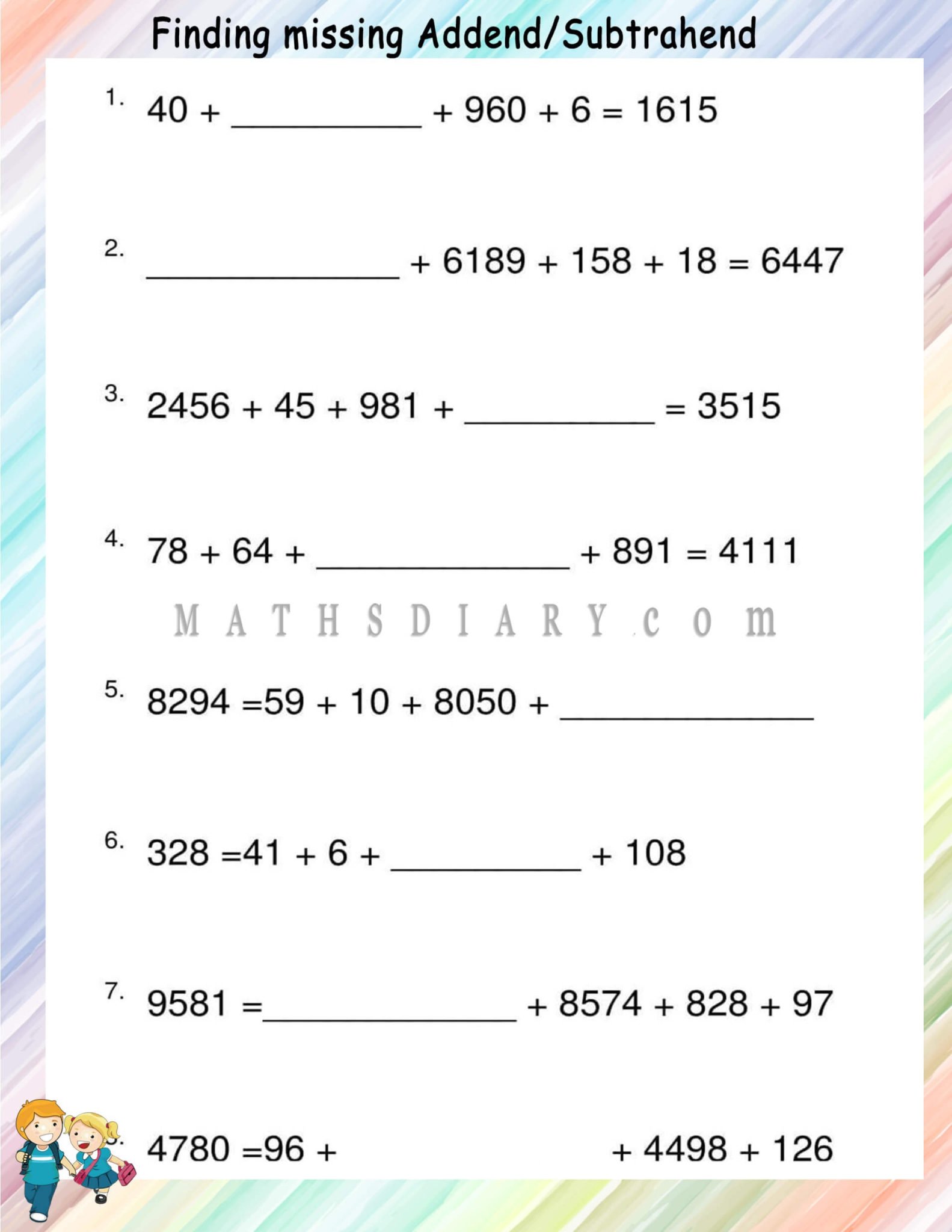 Addends and subtrahends Math Worksheets