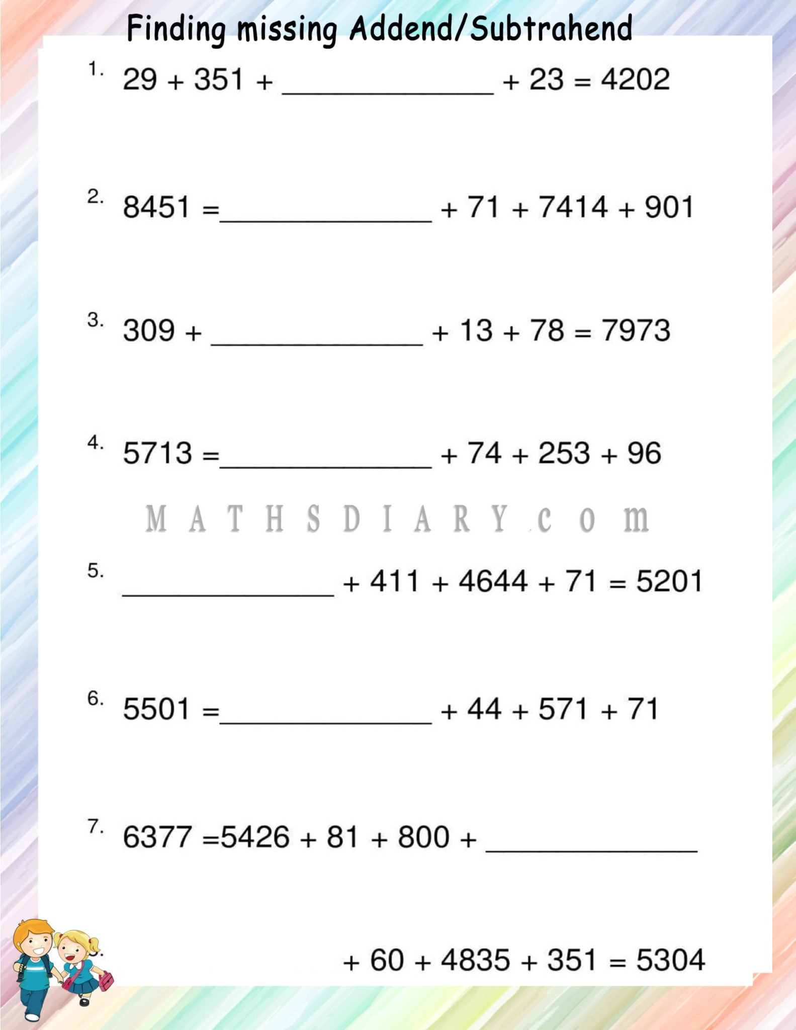 Addends and subtrahends Math Worksheets