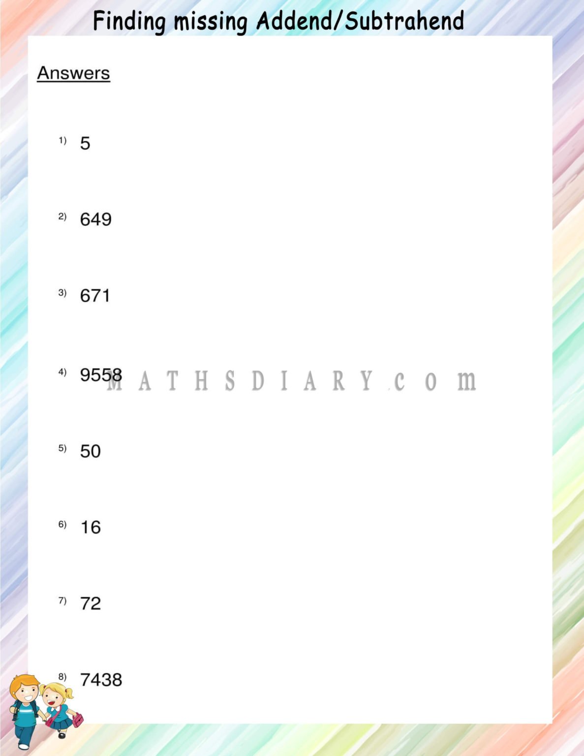 Addends and subtrahends Math Worksheets