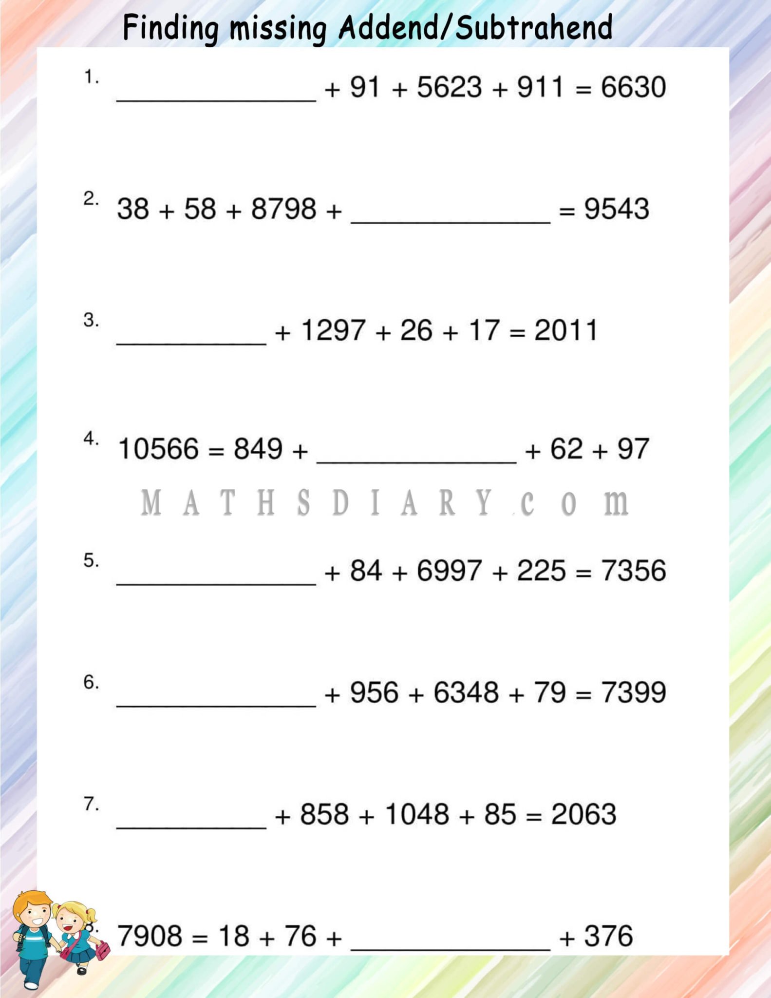 Finding Addends worksheets - Math Worksheets - MathsDiary.com