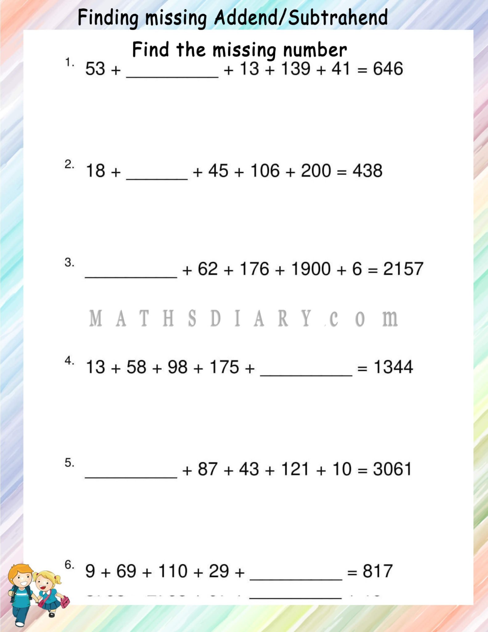 Finding Addends worksheets - Math Worksheets - MathsDiary.com
