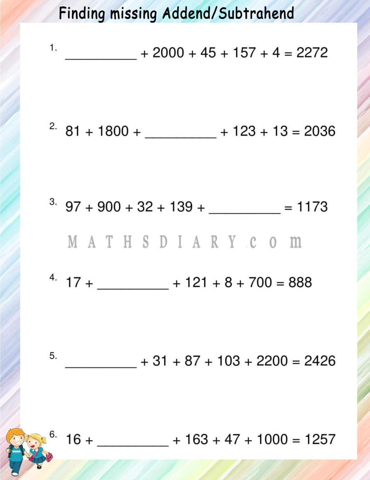 Addends and subtrahends Math Worksheets