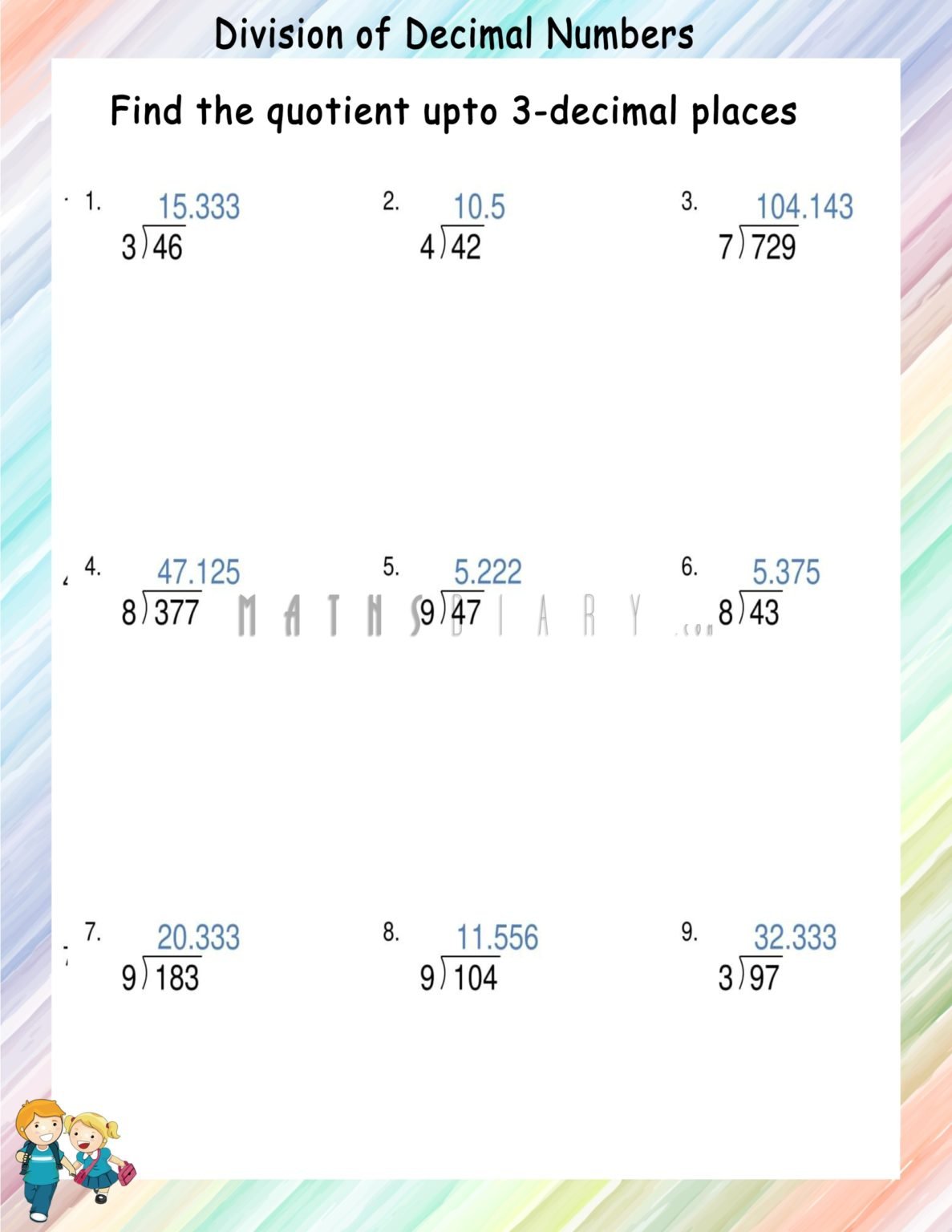 Find the quotient upto 3-decimal places - Math Worksheets - MathsDiary.com