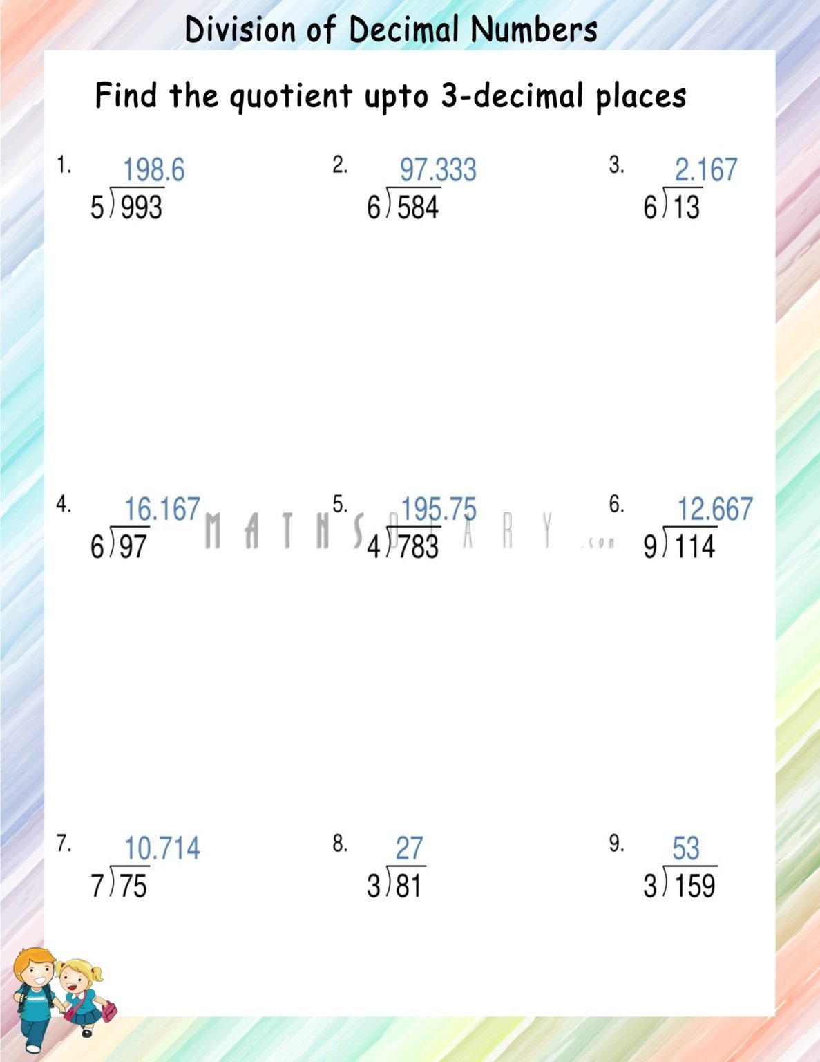 Find the quotient upto 3-decimal places - Math Worksheets - MathsDiary.com