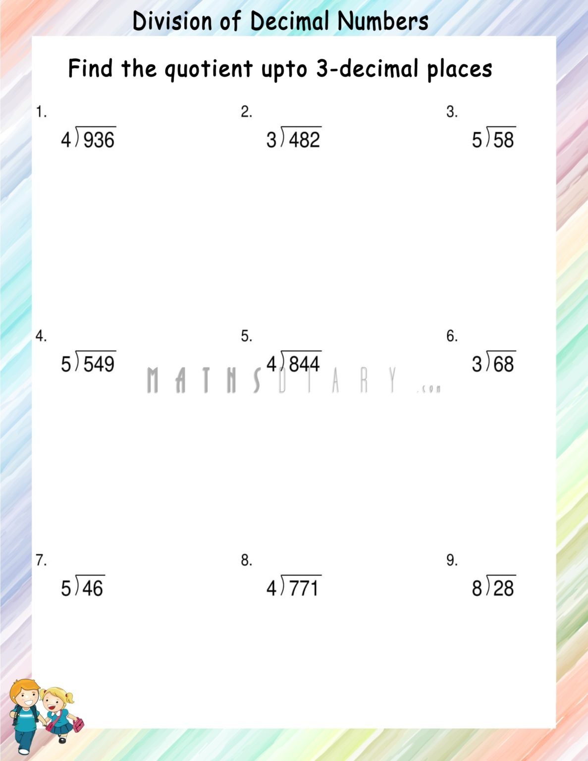 Find the quotient upto 3-decimal places - Math Worksheets - MathsDiary.com