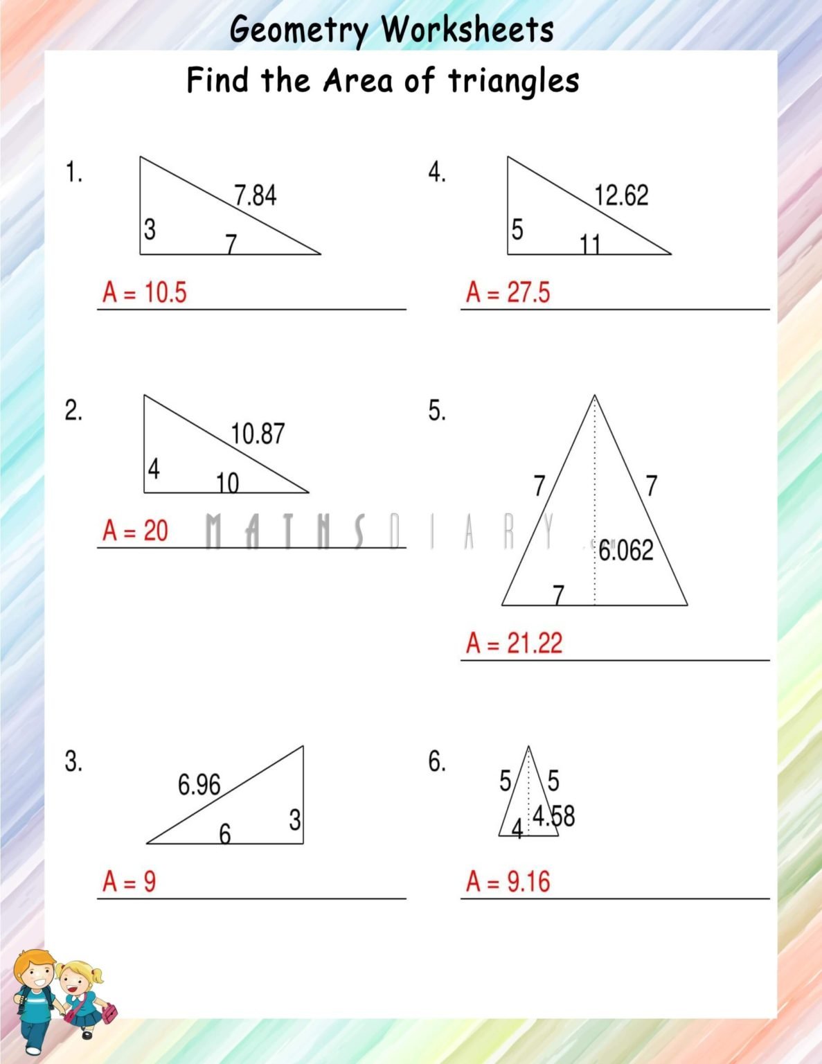 Find the area of triangles worksheets - Math Worksheets - MathsDiary.com